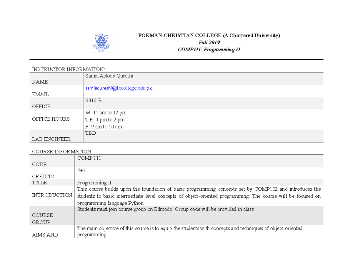 Comp111 Programming Ii Course Outline Spring 20 Forman Christian College A Chartered