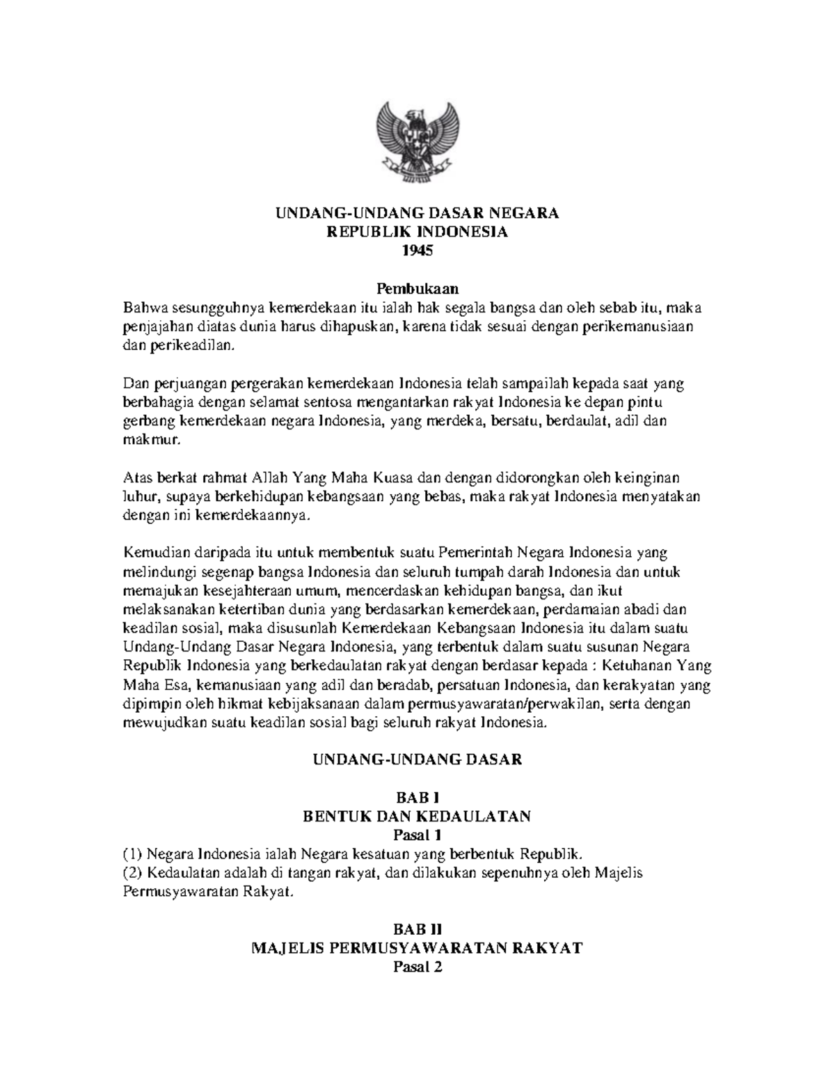 Uud45 Asli Undang Undang Dasar 1945 Undang Undang Dasar Negara Republik Indonesia 1945 