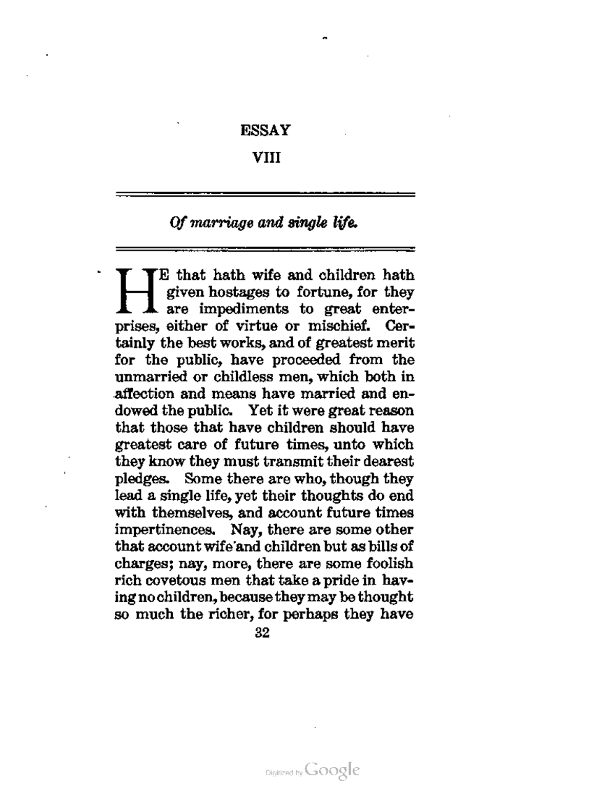 Of marriage and single life - Essay - ESSAY VIII Of marriage and single ...