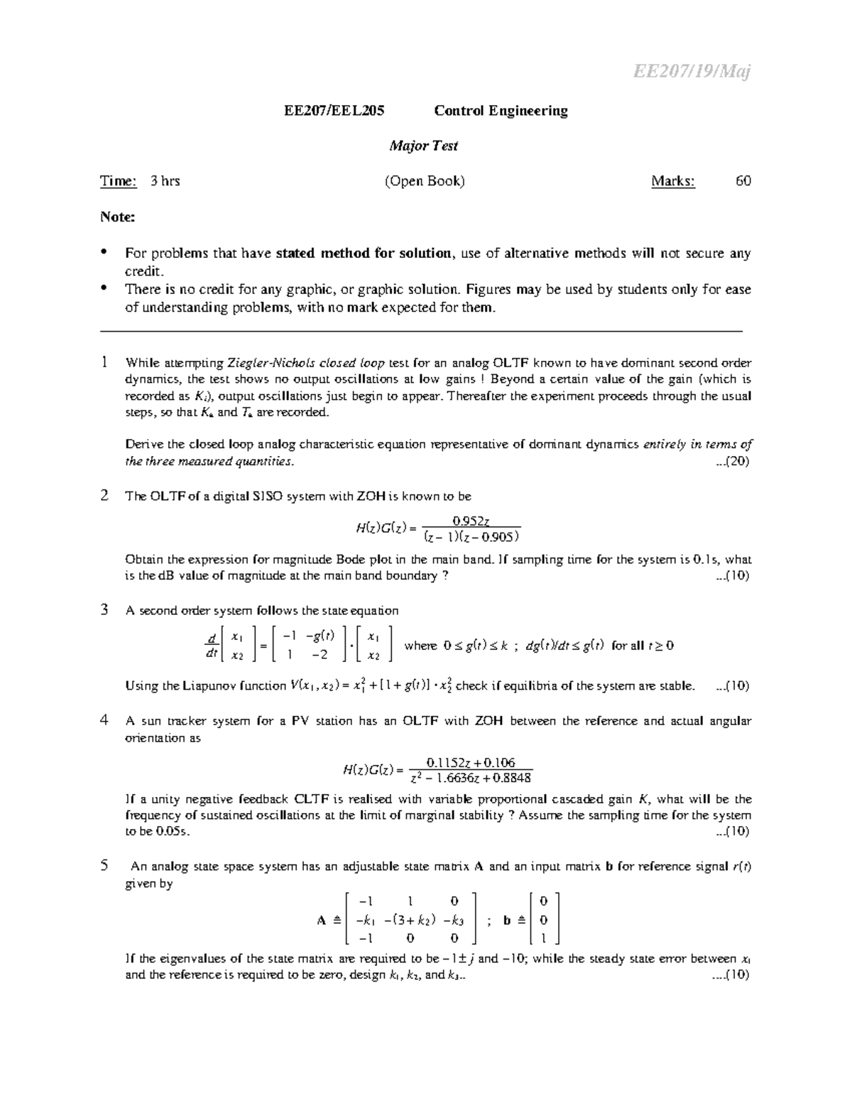 Exam 3 May 2019, questions and answers - EE207/19/Maj EE207/EEL205 Control Engineering Major ...