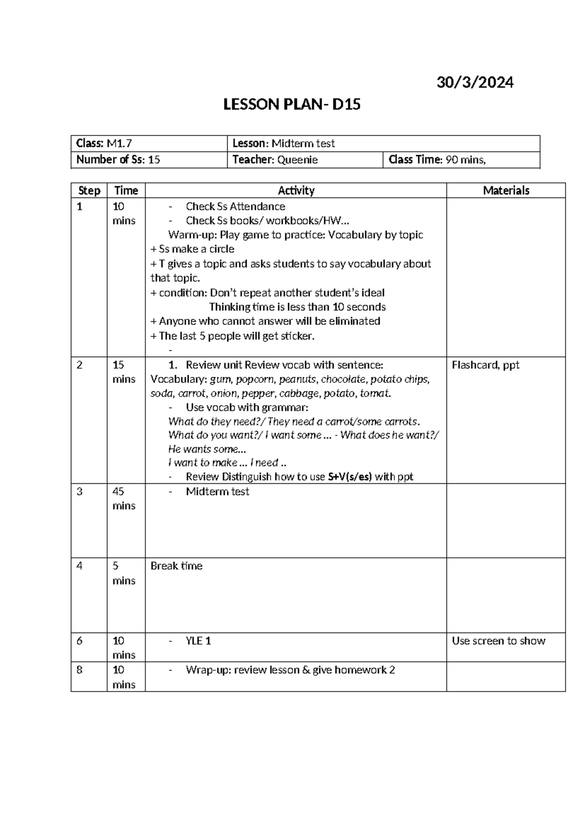 M7- B15 - lesson plan - 30 /3/ LESSON PLAN- D Class: M1 Lesson: Midterm ...