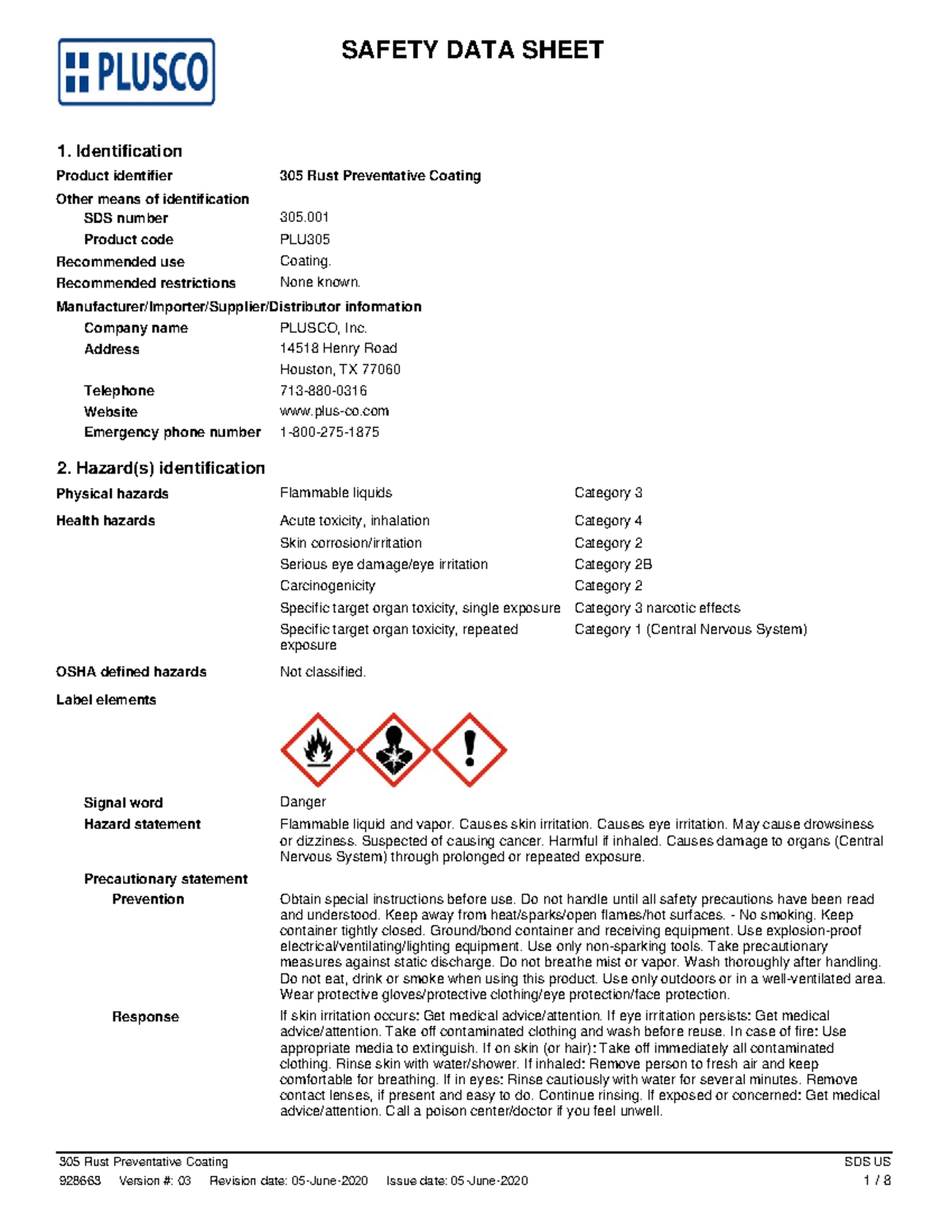 305 RUST Preventative Coating - SAFETY DATA SHEET 1. Identification ...