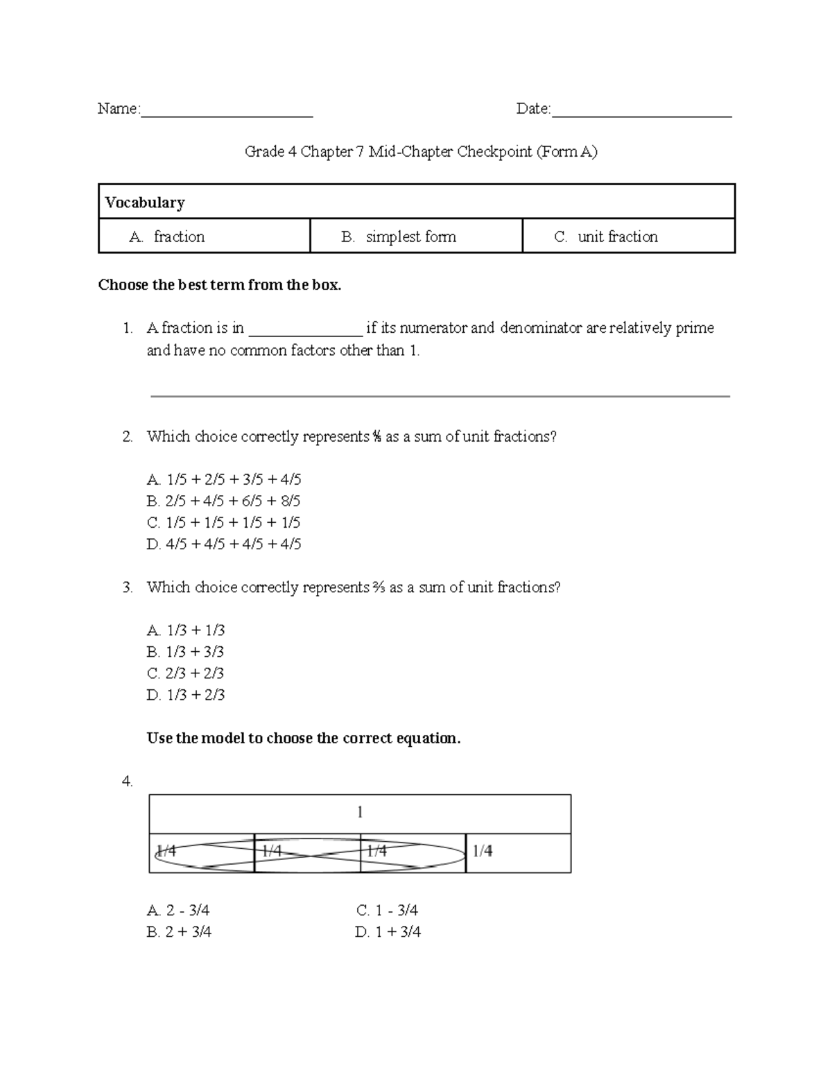 Grade 4 Chapter 7 Mid Chapter Checkpoint Form A Name