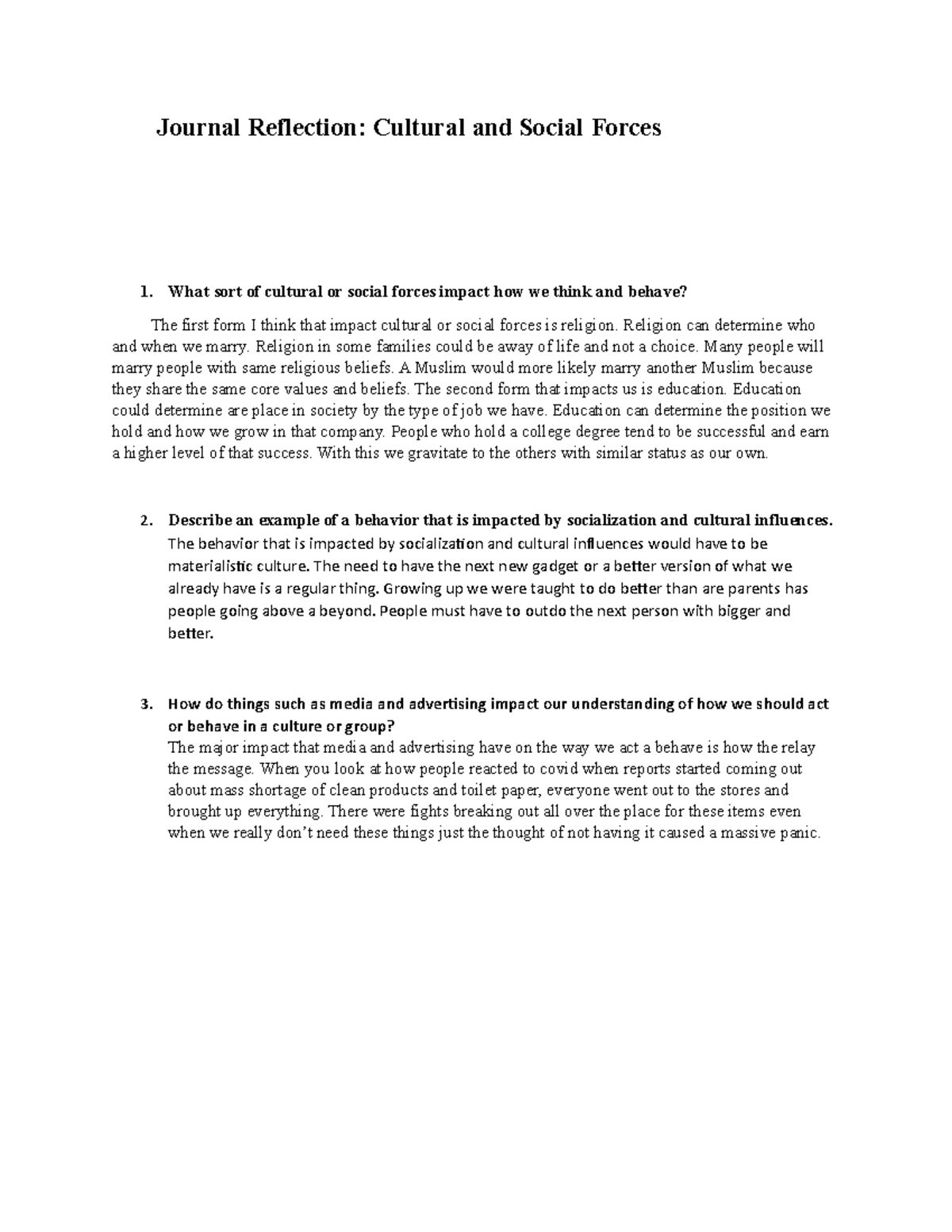 Journal Reflection - What sort of cultural or social forces impact how ...