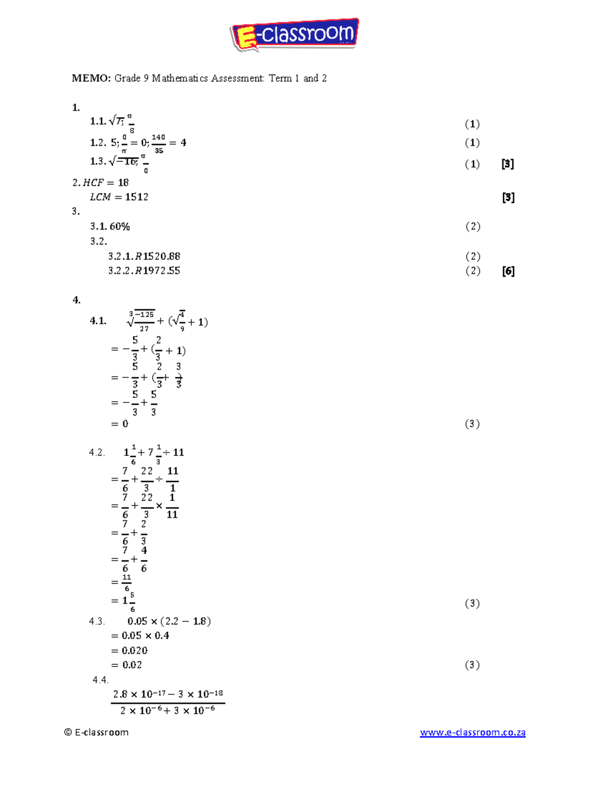 Gr09 maths term2 pack01 practice paper memo - MEMO: Grade 9 Mathematics ...