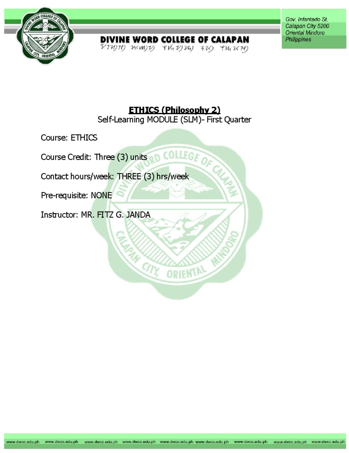 Module-1 - Ethics - ETHICS (Philosophy 2) Self-Learning MODULE (SLM ...