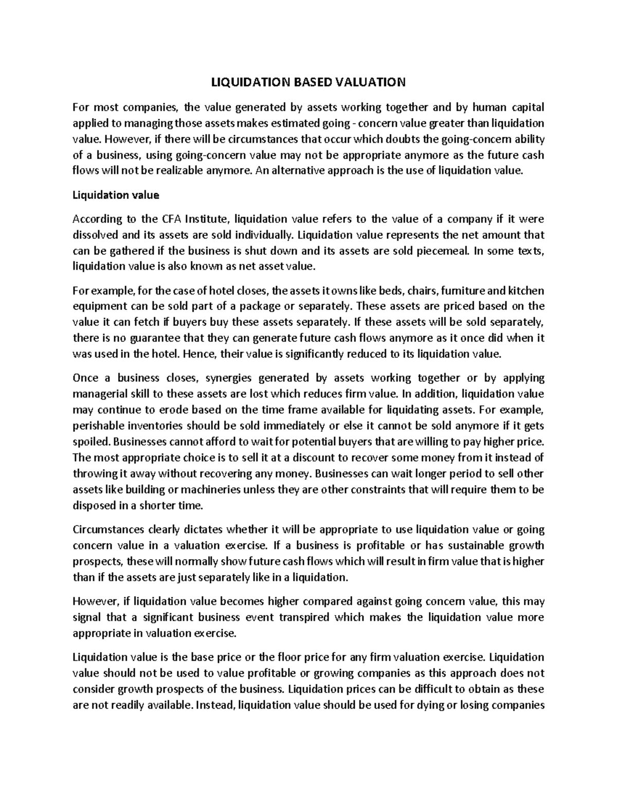 Chapter 3 - Liquidation Based Valuation - LIQUIDATION BASED VALUATION For most companies, the ...