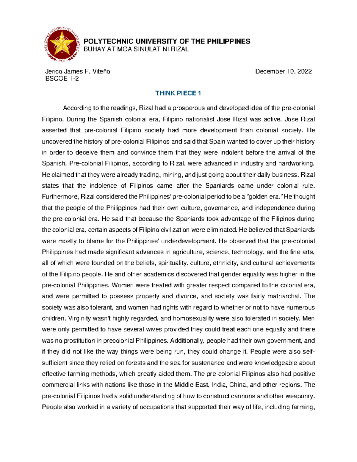 Think Piece 1 - POLYTECHNIC UNIVERSITY OF THE PHILIPPINES BUHAY AT MGA ...