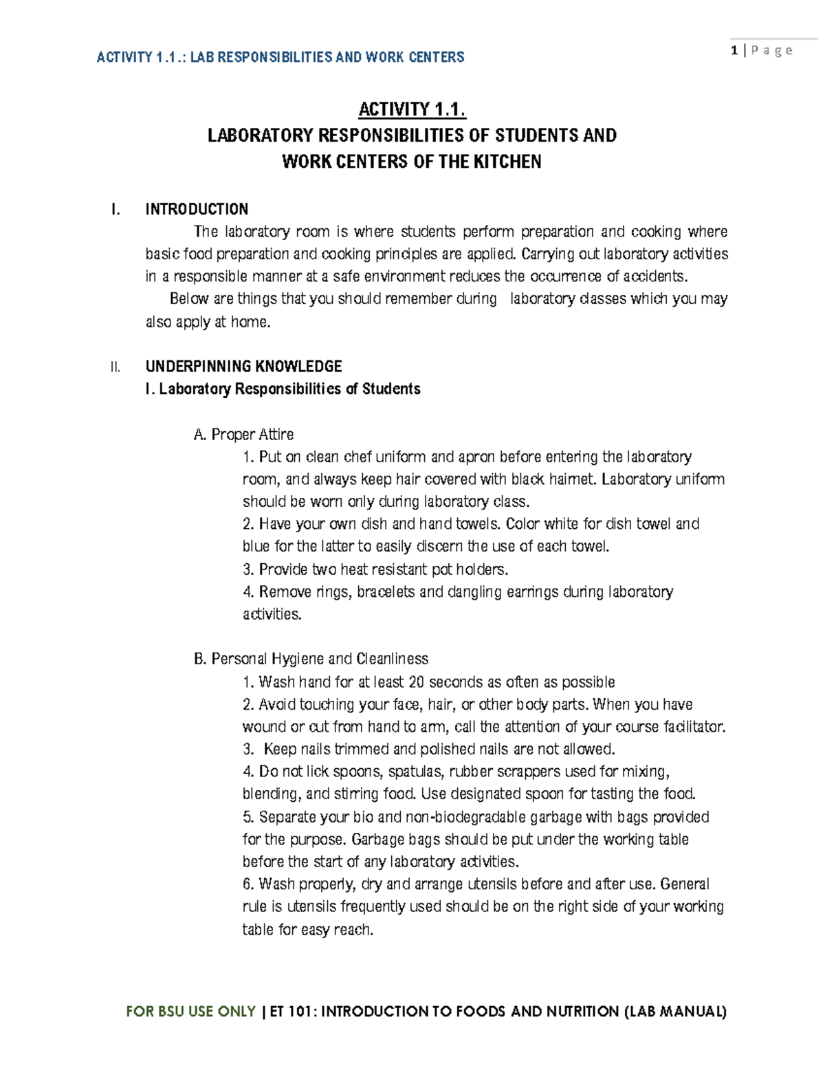 ACT 1.1. LAB Responsibilities AND WORK Centers - II. I. INTRODUCTION ...