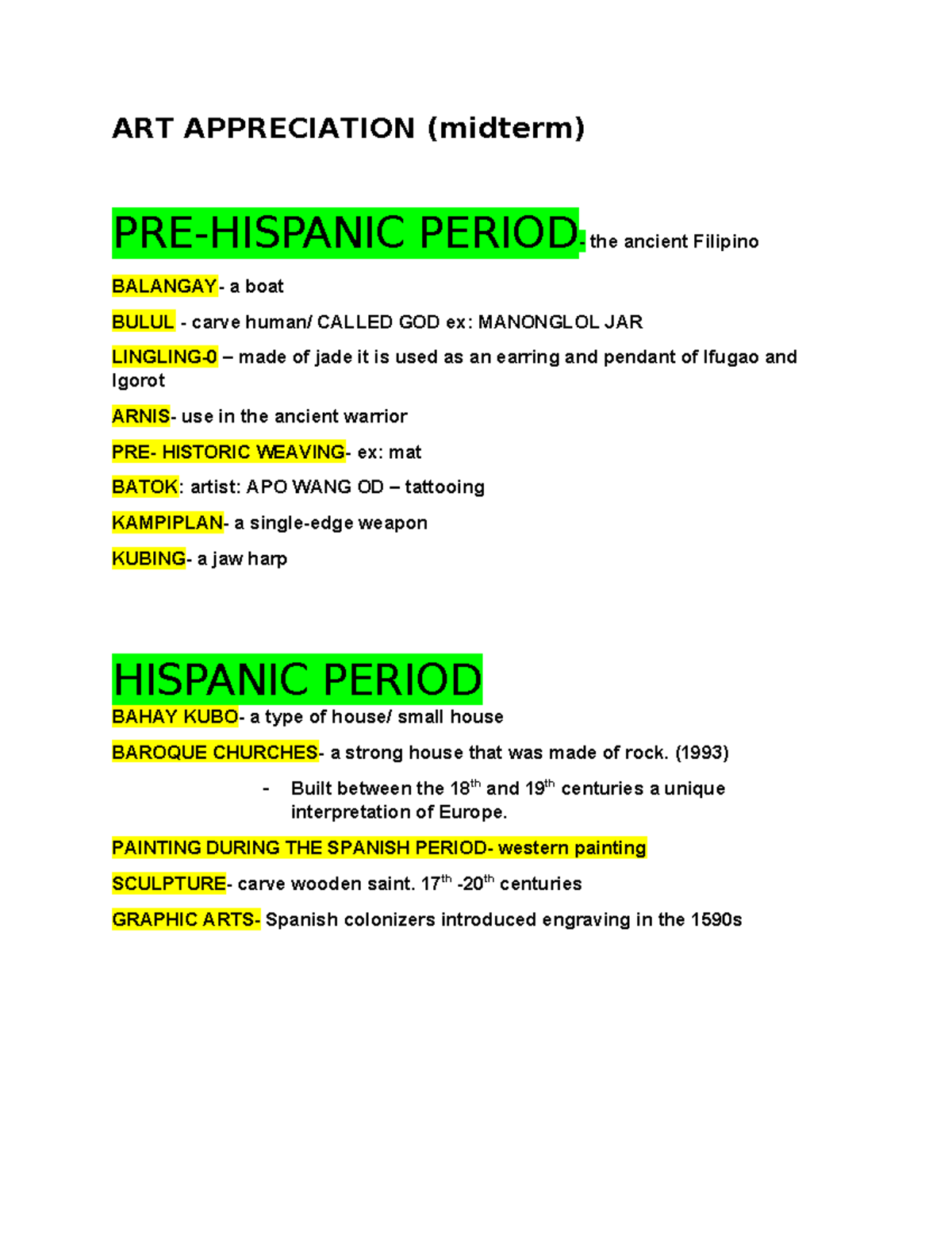 ART Appreciation - ART APPRECIATION (midterm) PRE-HISPANIC PERIOD- the ...