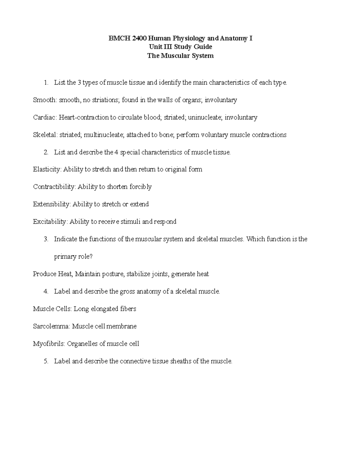 The muscular system- study guide - BMCH 2400 Human Physiology and ...