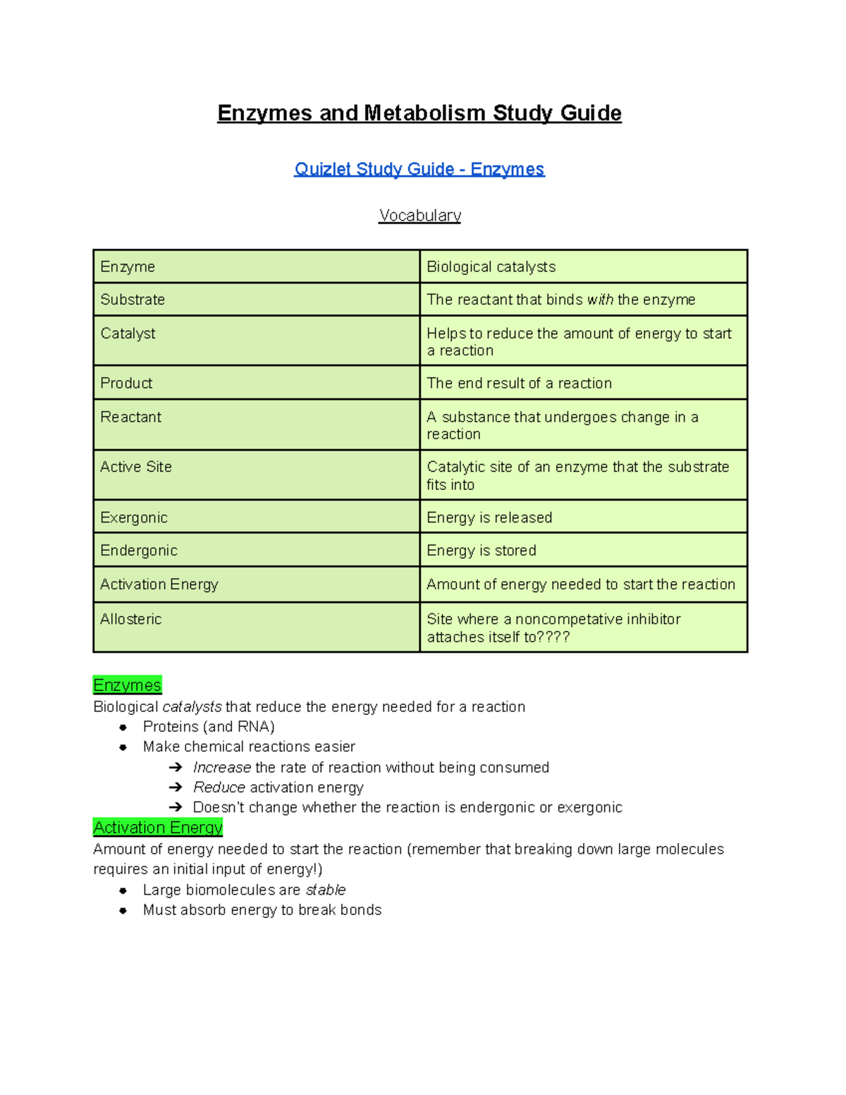Enzyme Study Guide B5 - Important - Enzymes and Metabolism Study Guide ...