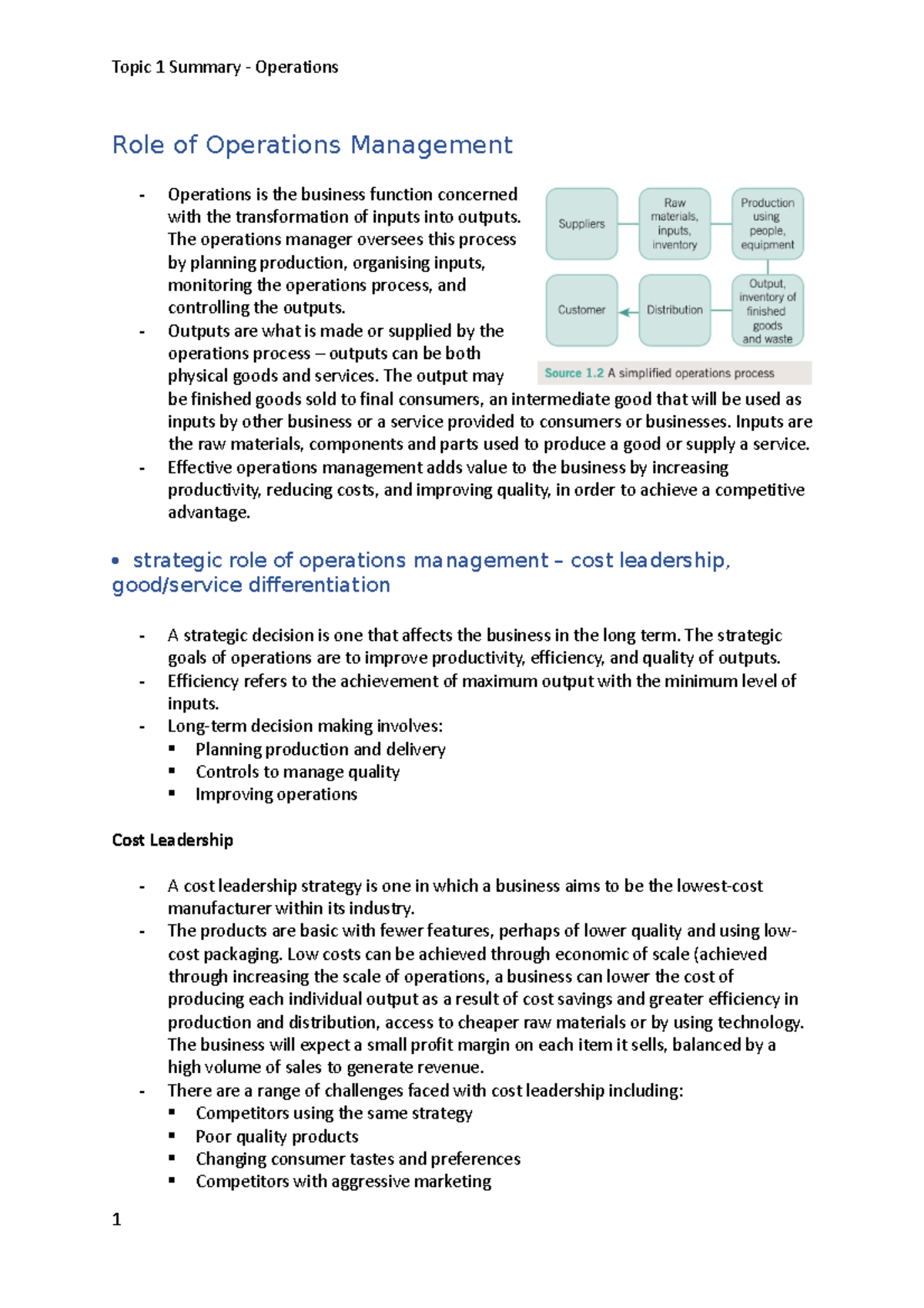 Topic 1 Summary - Operations - Role of Operations Management ...