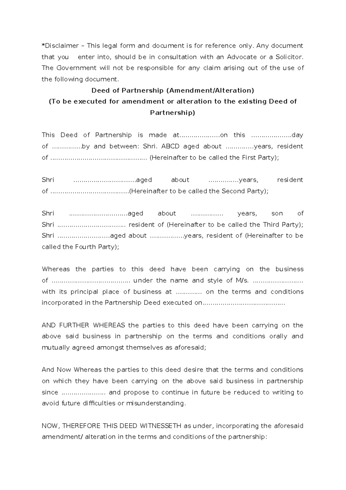 Deed of Partnership Amendment Alteration - *Disclaimer – This legal ...