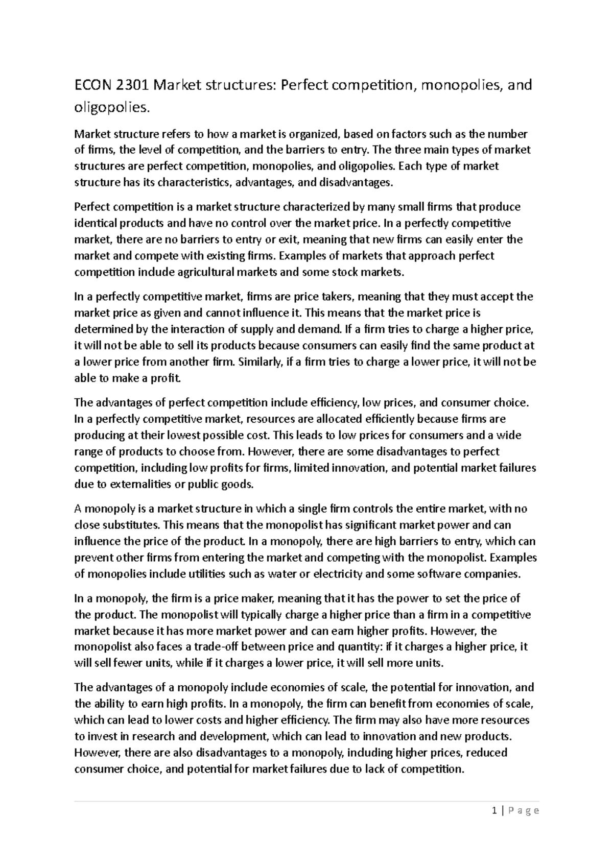 ECON 2301 Market structures - ECON 2301 Market structures: Perfect ...