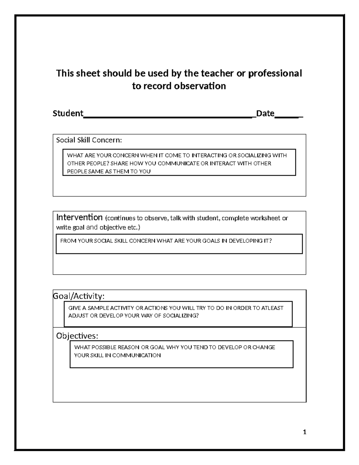 Social Skills Worksheets-converted - Objectives: Goal/Activity: This ...