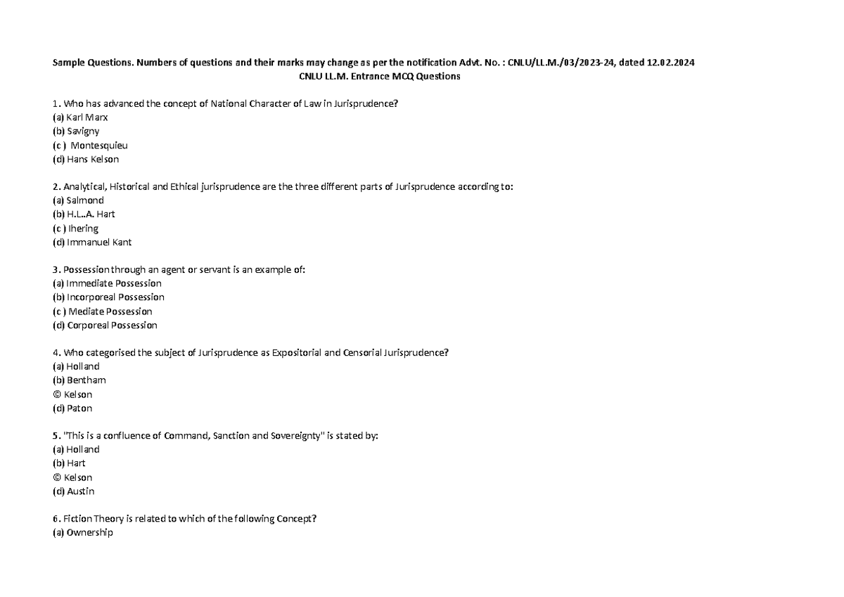 Sample Question - Numbers of questions and their marks may change as ...