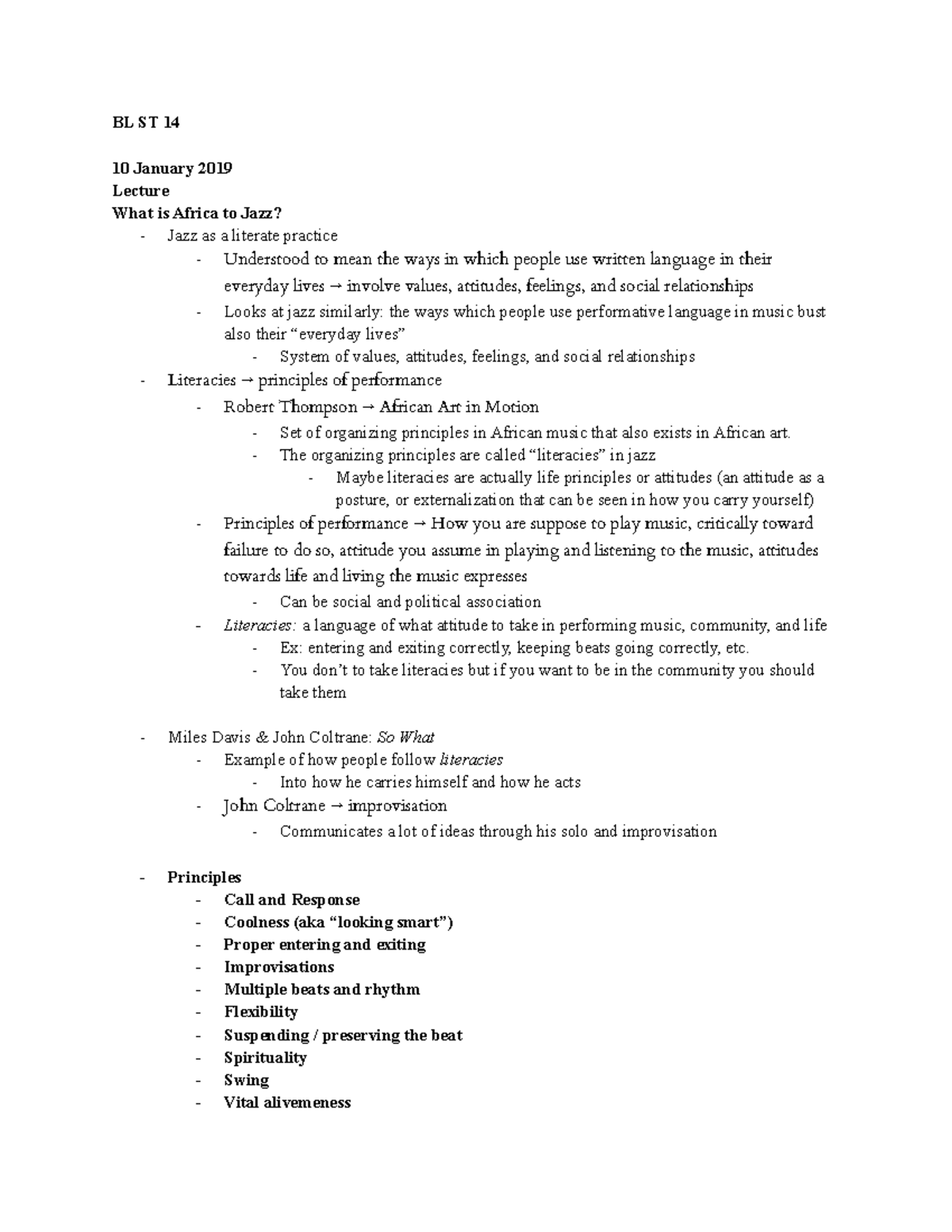 Lecture - BL ST 14 - history of jazz - BL ST 14 10 January 2019 Lecture ...