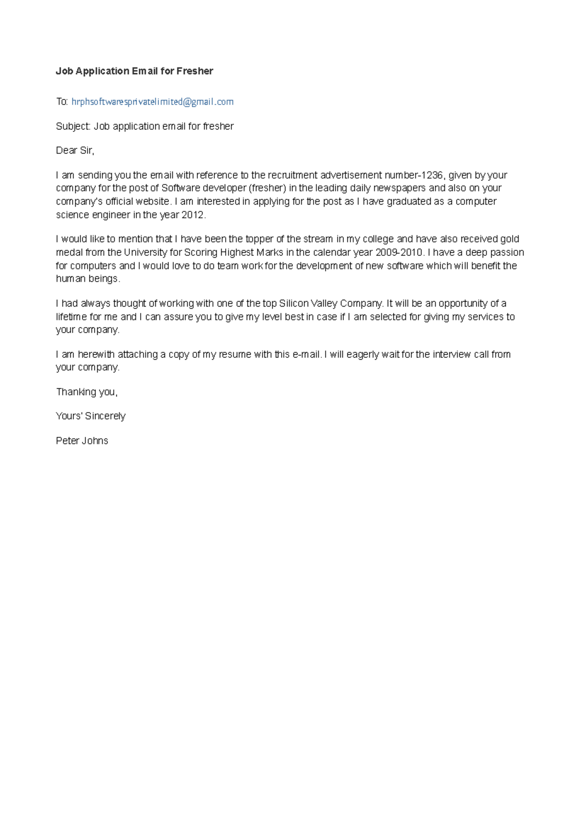 Job Application Email for Fresher - I am interested in applying for the ...