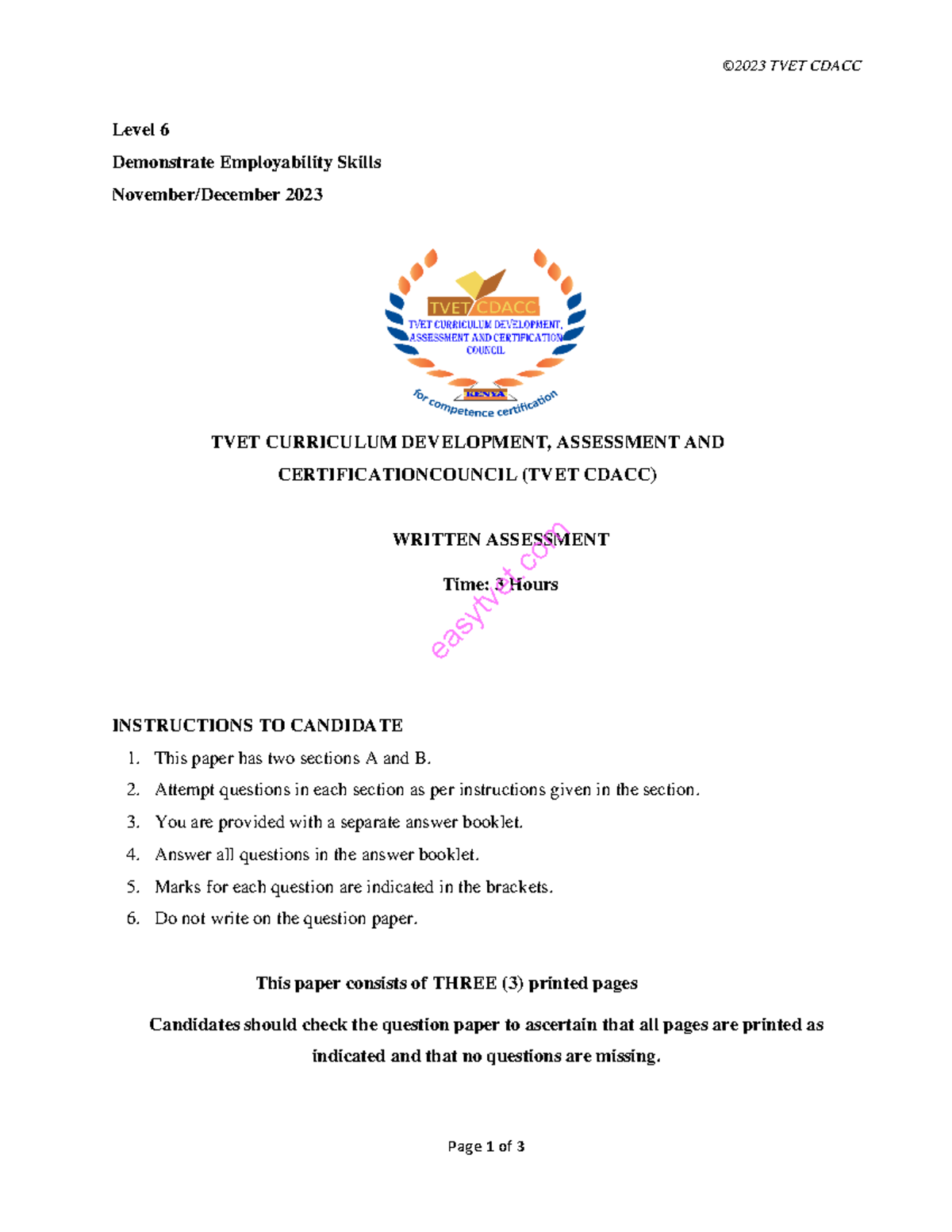 2023n - ©2023 TVET CDACC Page 1 of 3 Level 6 Demonstrate Employability ...