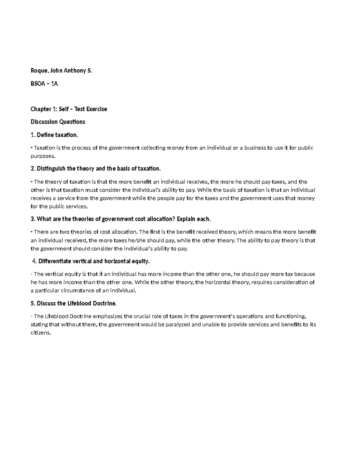 Taxation Questions - Roque, John Anthony S. BSOA – 1A Chapter 1: Self ...