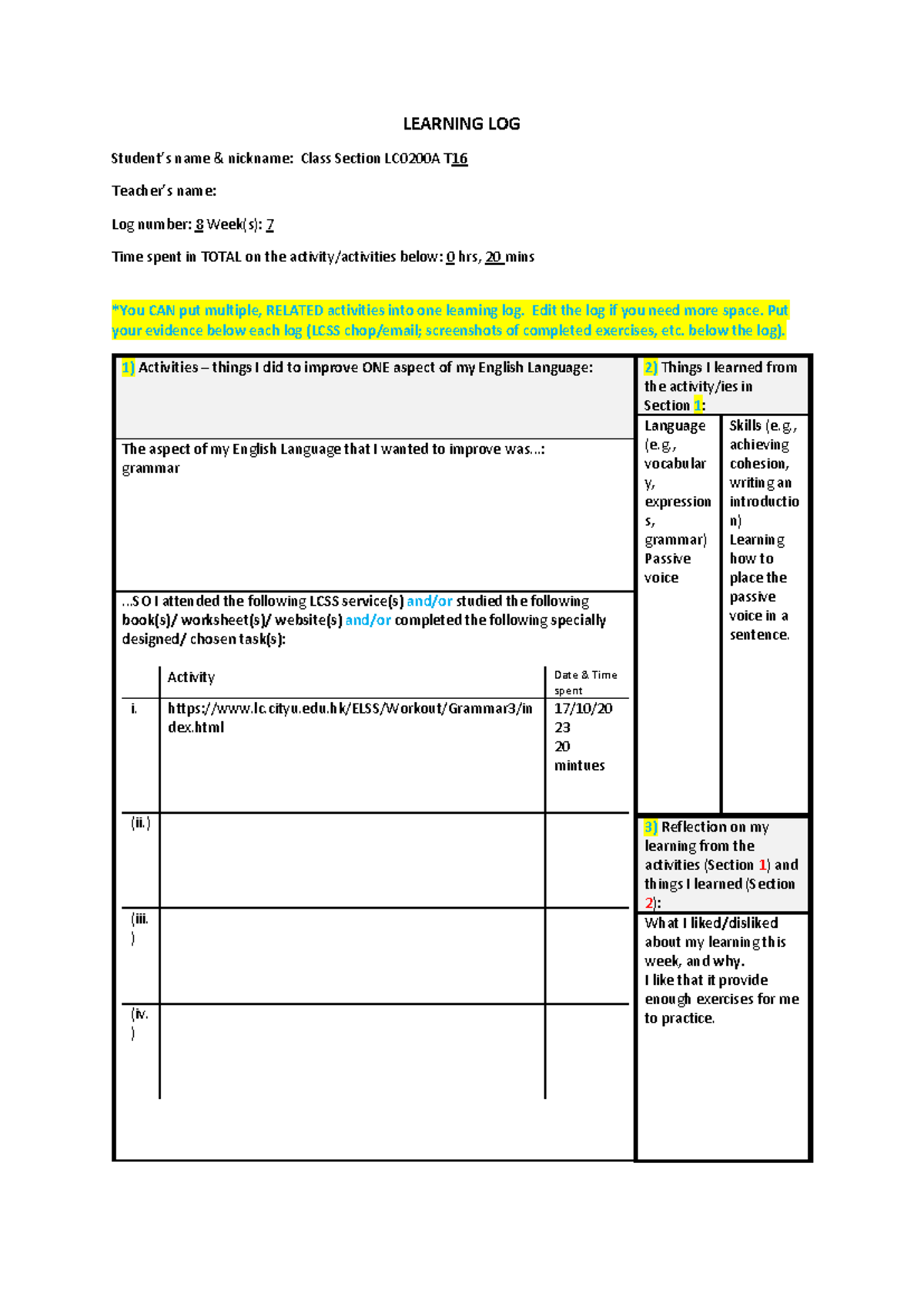 Grammar 3 - Learning log - LEARNING LOG Student’s name & nickname ...