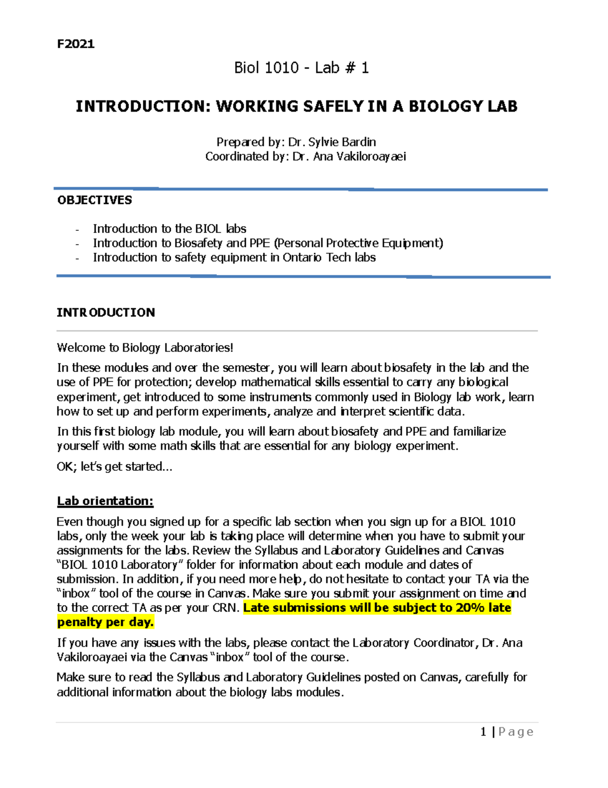 Lab 1- Introduction AND Protocol -F2021 sdfa - Biol 1010 - Lab # 1 INTRODUCTION: WORKING SAFELY ...