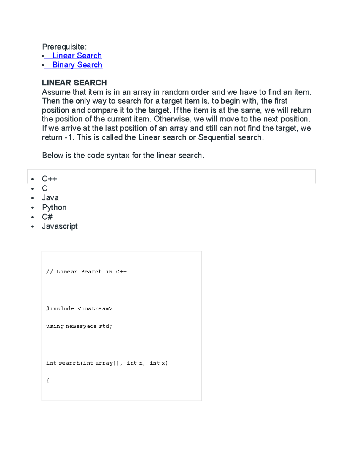 Liner and binary - material - Prerequisite: Linear Search Binary Search ...