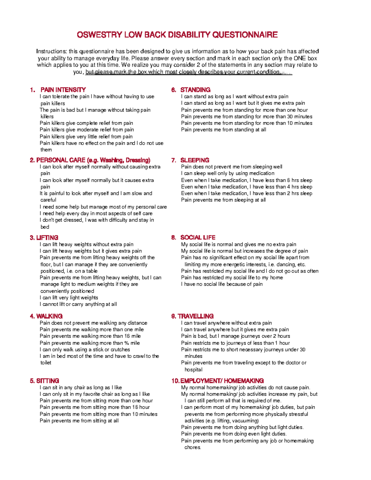 Oswestry OCR - ODI for LBP - OSWESTRY LOW BACK DISABILITY QUESTIONNAIRE Instructions: this - Studocu