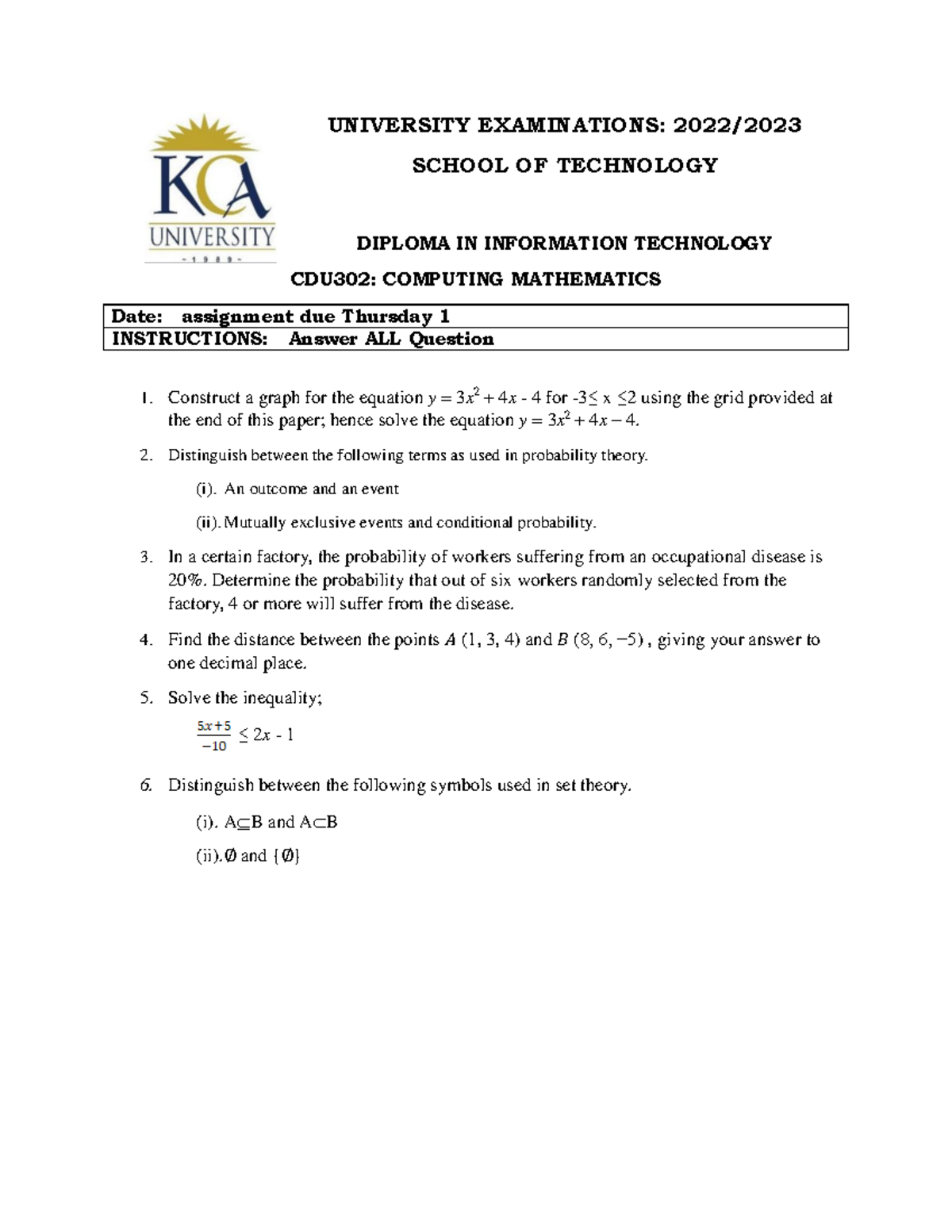 CDU Assign 302 - Computing mathematics - UNIVERSITY EXAMINATIONS: 202 2 /202 3 SCHOOL OF ...