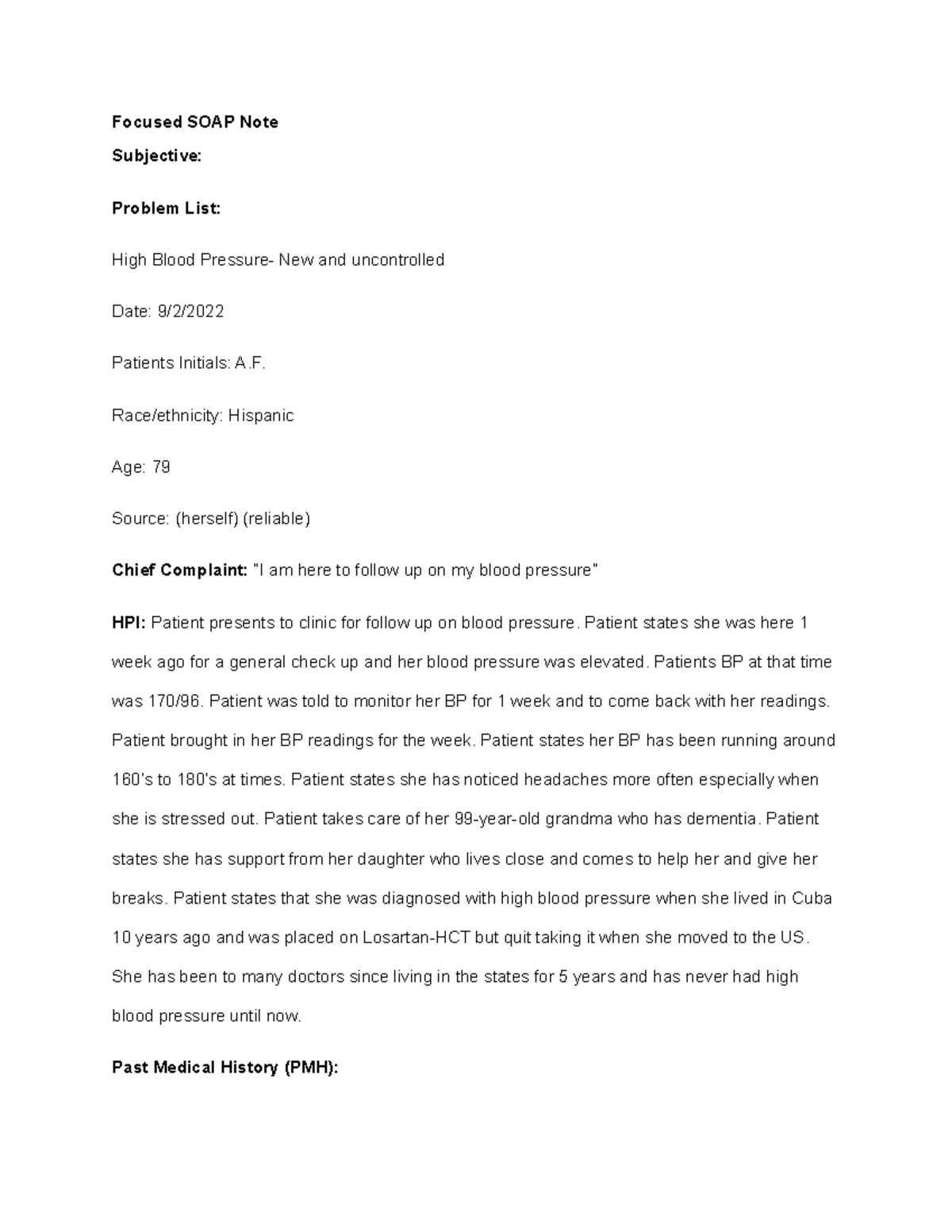 Focused SOAP Note #2 - soap - Focused SOAP Note Subjective: Problem ...