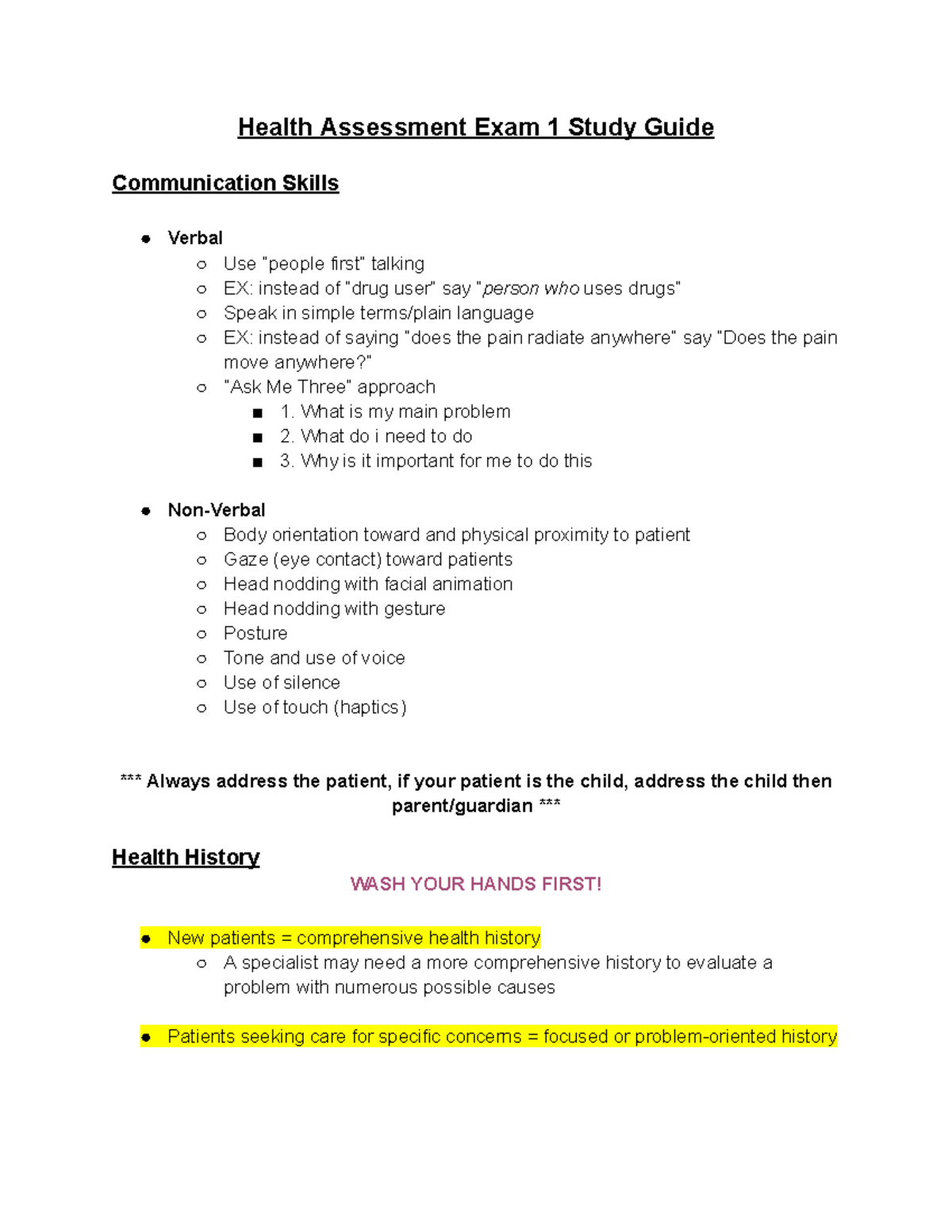 Health Assessment Exam 1 Study Guide - What is my main problem 2. What ...