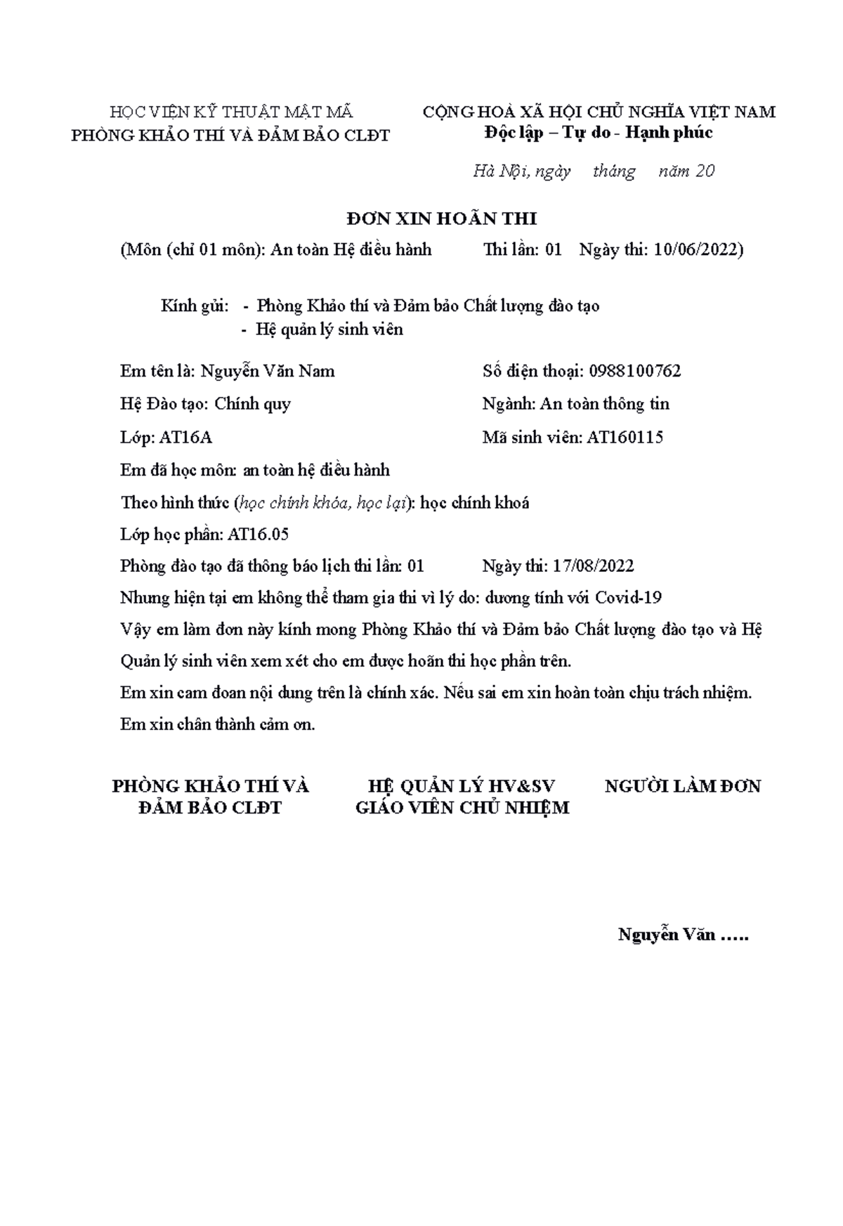 15-Đơn xin hoãn thi - adsadasdasdas - HỌC VIỆN KỸ THUẬT MẬT MÃ PHÒNG KHẢO THÍ VÀ ĐẢM BẢO CLĐT ...