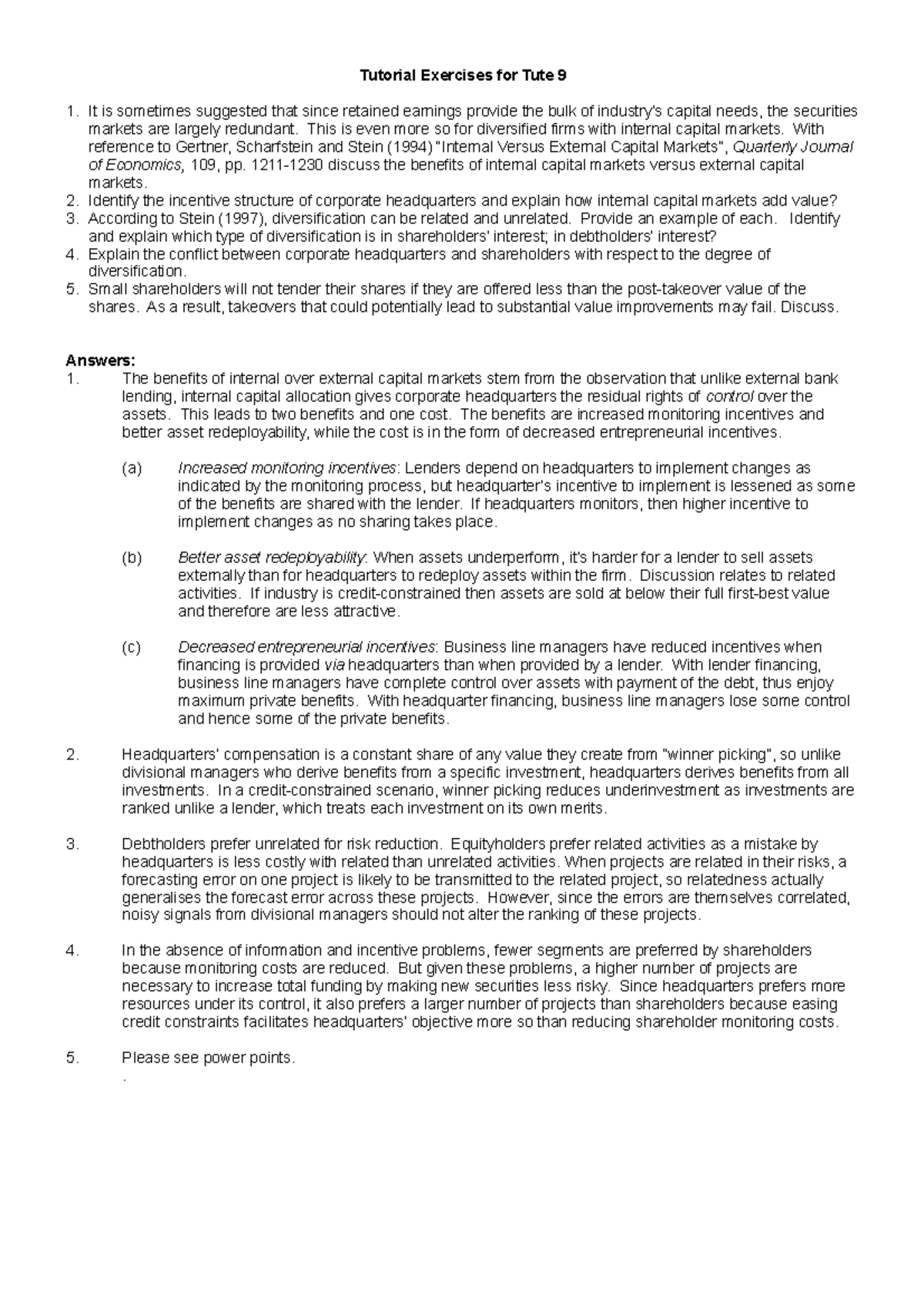 Tutorial 9 Questions and Answers - Tutorial Exercises for Tute 9 It is ...