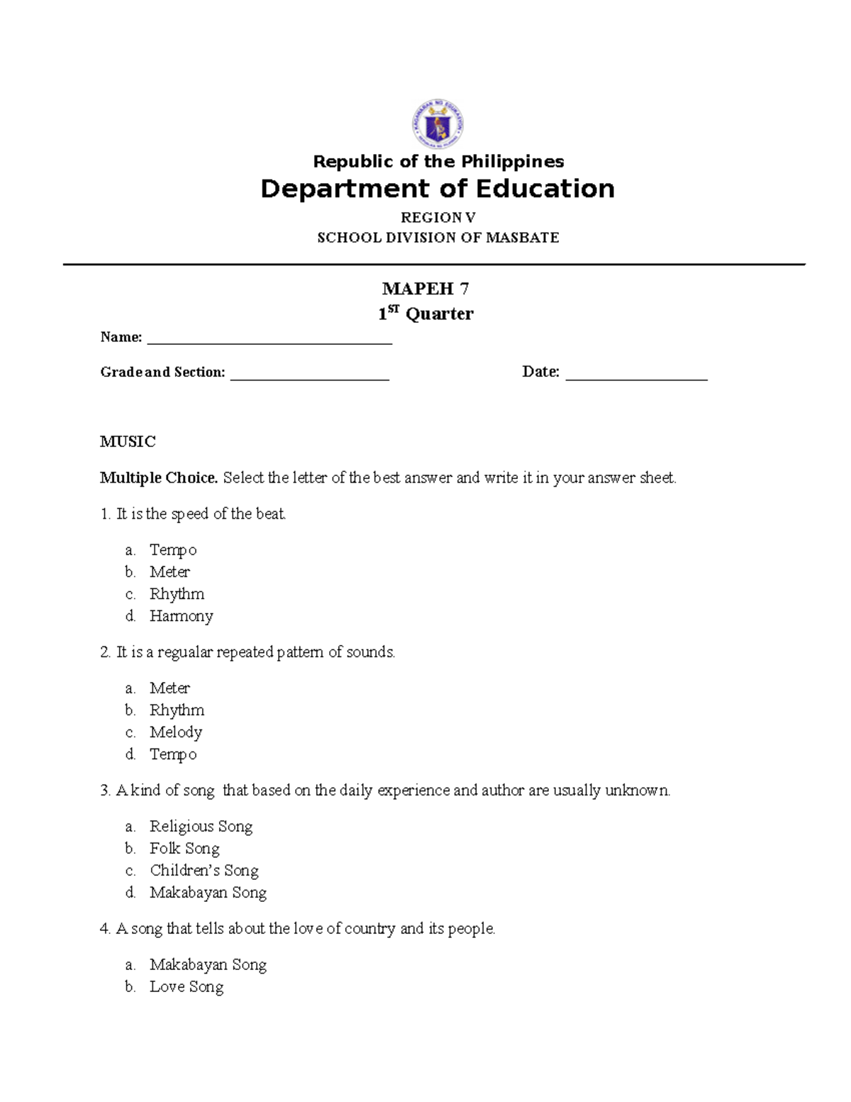 Mapeh EXAM - Grade 7-1st quarter - MAPEH 7 1 ST Quarter Name