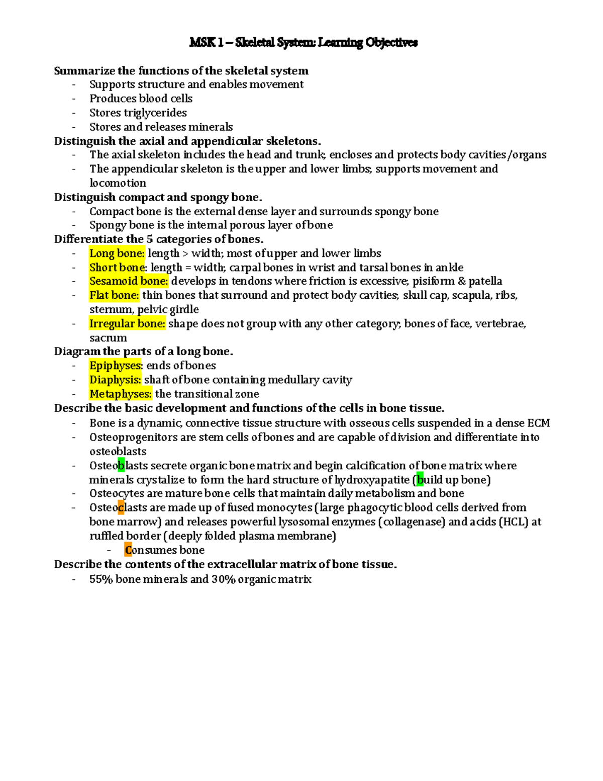 MSK 1 Bone LOs - Block 2 MSK learning objectives - MSK 1 – Skeletal ...