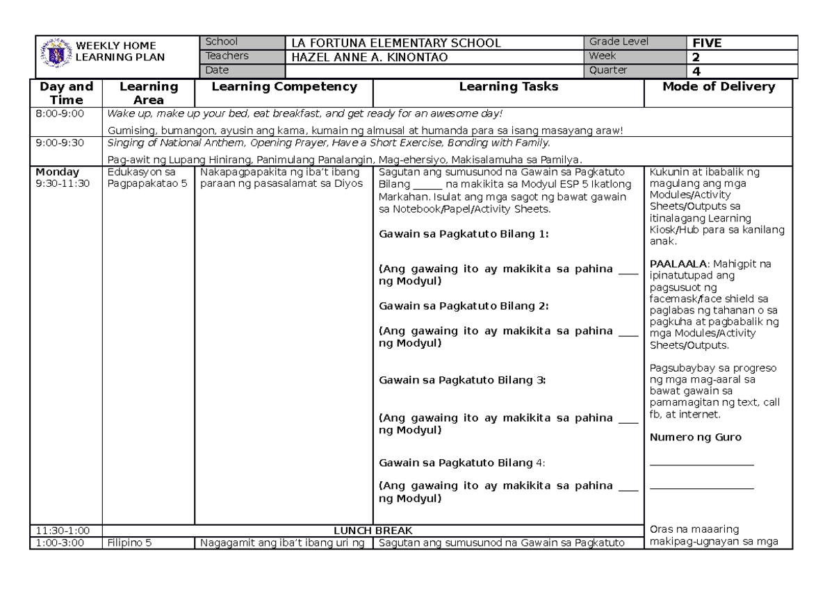 WHLP- Grade 5 (Q4 Week 2) SY 2020-2021 - WEEKLY HOME LEARNING PLAN School LA FORTUNA ELEMENTARY ...