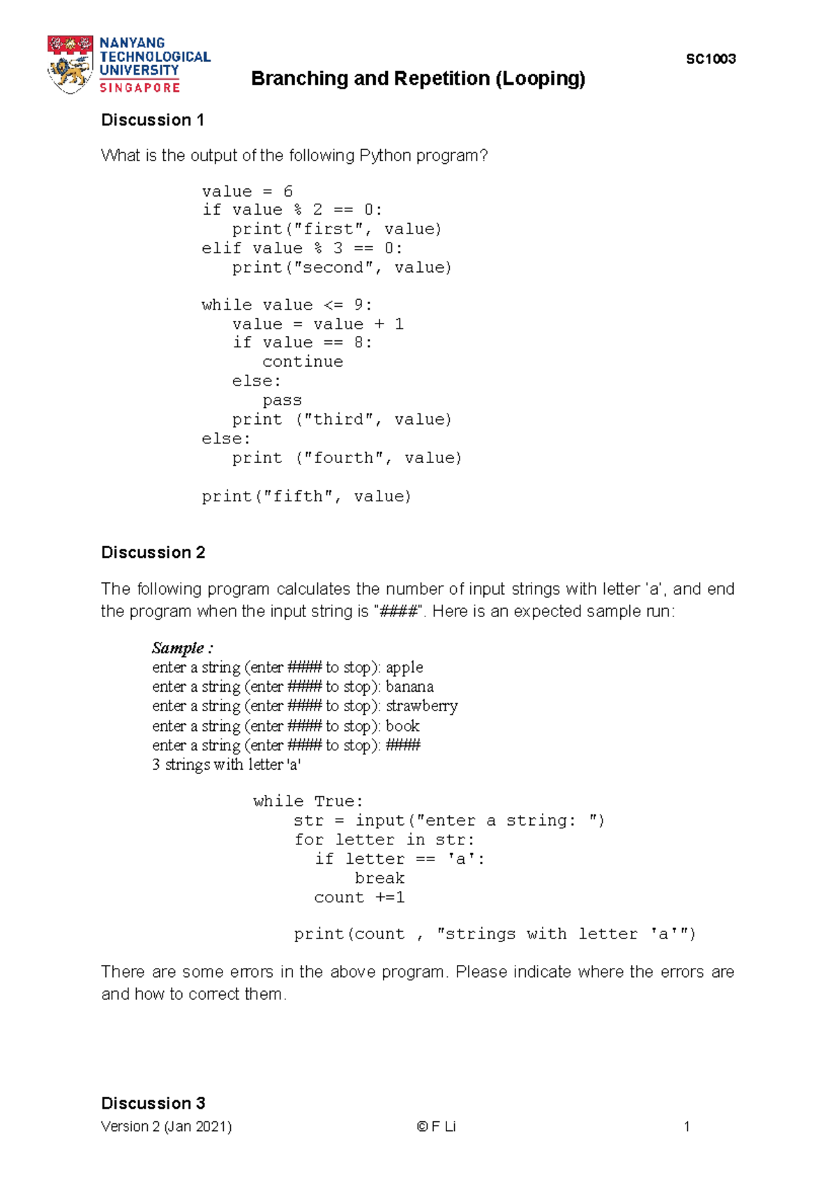 SC1003 Discussion #2 Q (Braching & Repetition (Looping) ) - SC ...