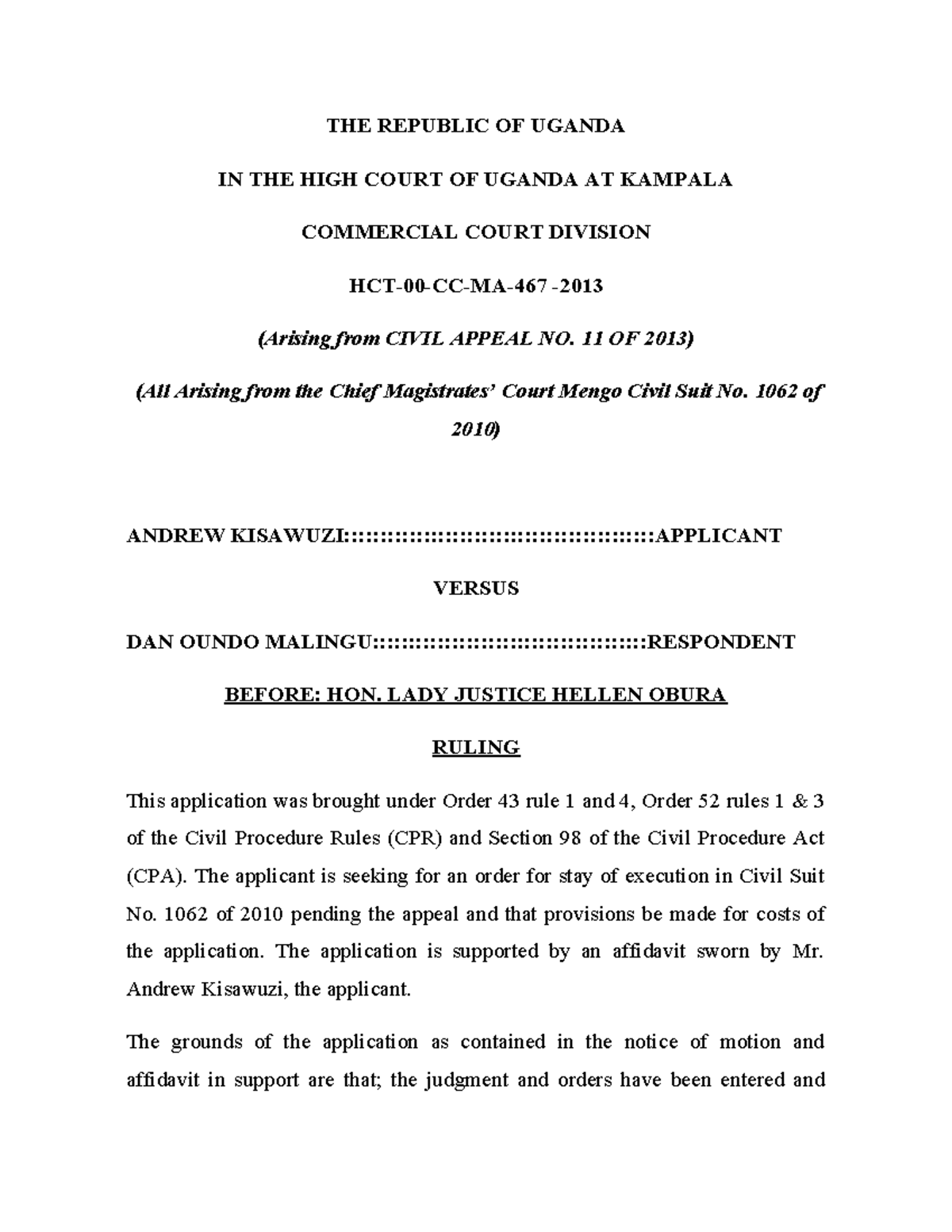 Kisawuzi v Oundo (HCT00CCMA 467 of 2013 ) 2014 UGComm C 12 (5 February ...
