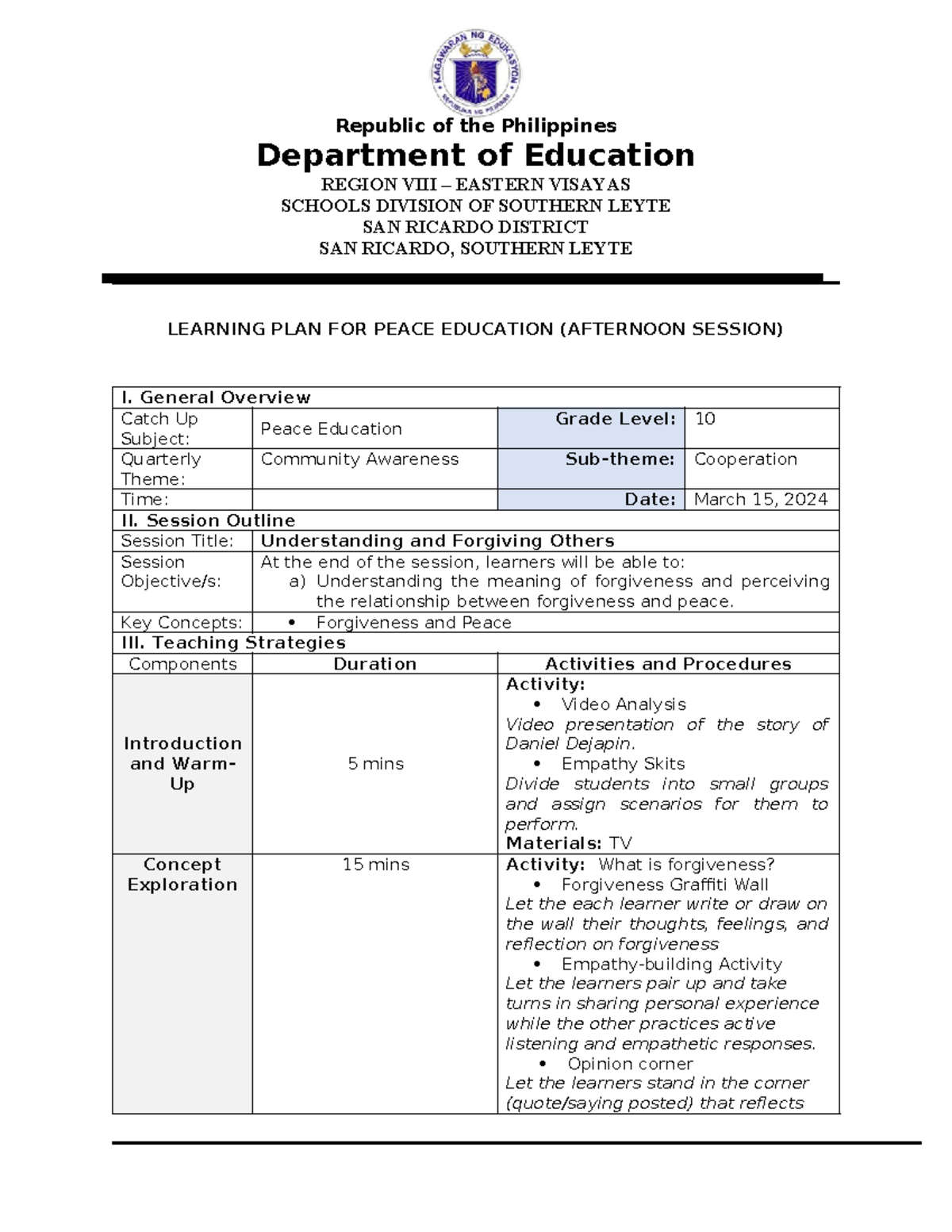 Peace Education DLL Module 8 Grade 10 San Ricardo District - Republic ...