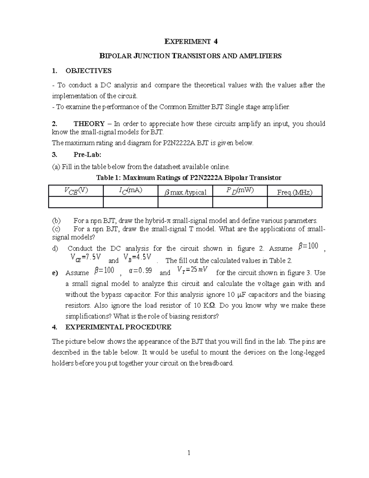 Seminar assignments - pspice lab 4 - bipolar junction transistors and amplifiers - EXPERIMENT 4 ...