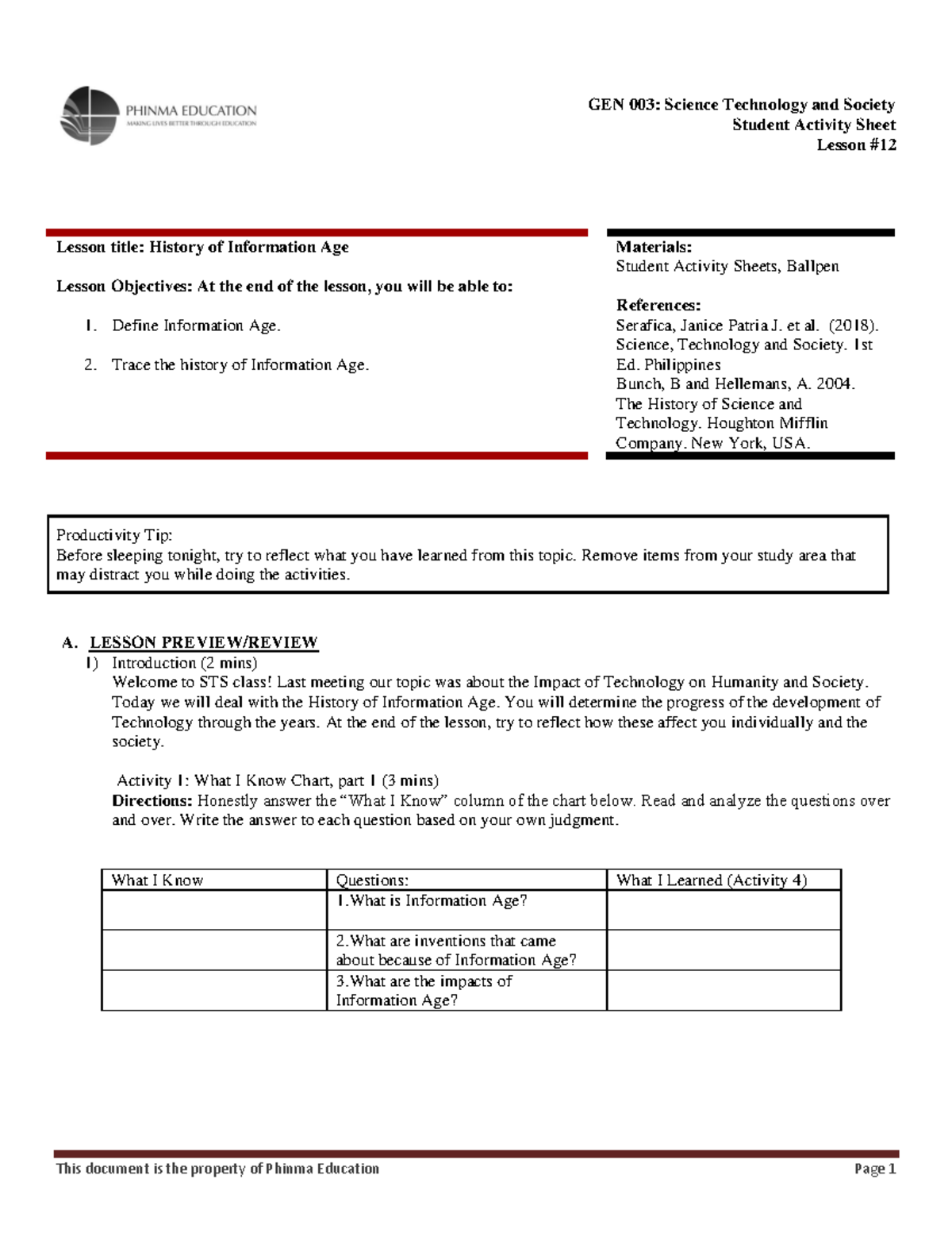 GEN 003 MODULE 12 - Student Activity Sheet Lesson # Lesson title ...