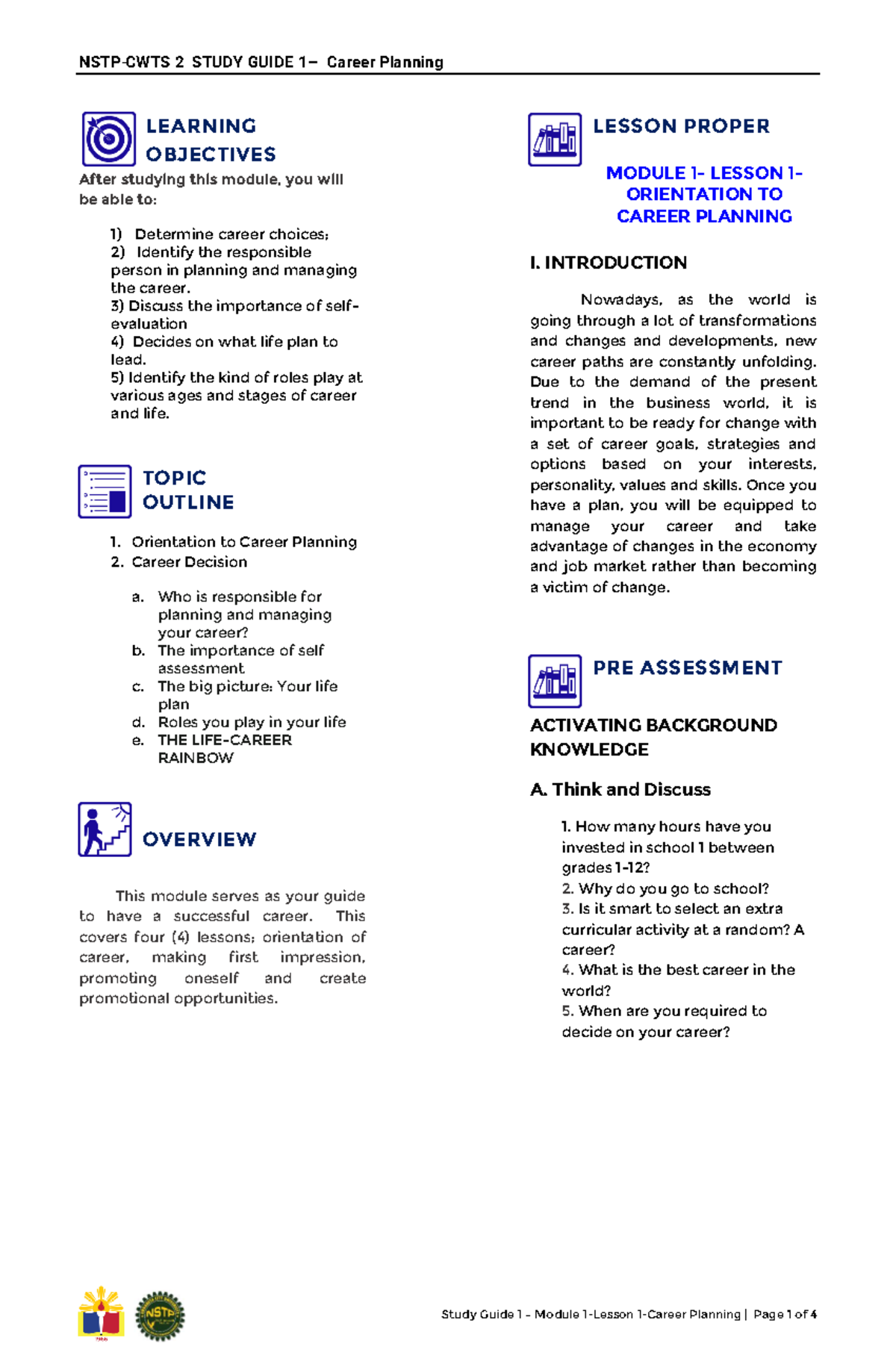 Study Guide 1 Module 1 Lesson 1 Career Planning - NSTP-CWTS 2 STUDY ...