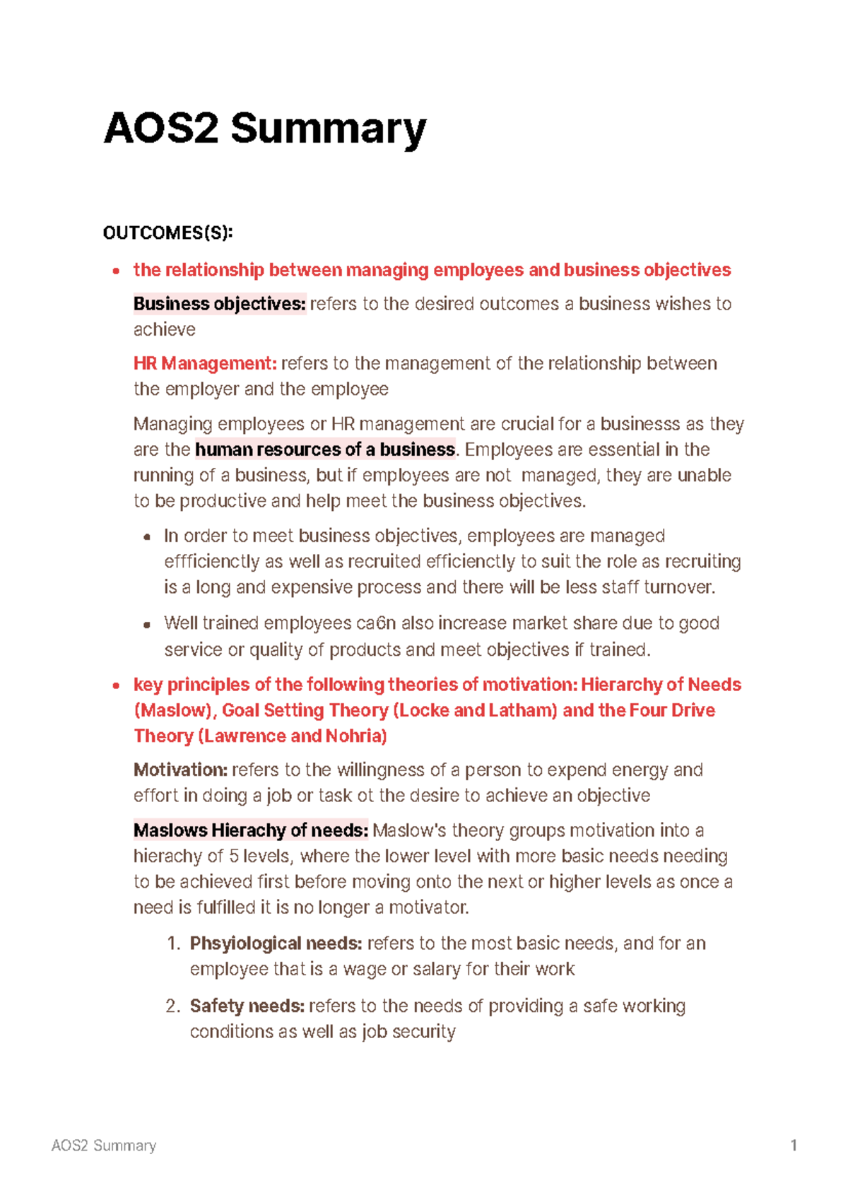 Business management AOS2 Summary - AOS2 Summary OUTCOMES S the ...