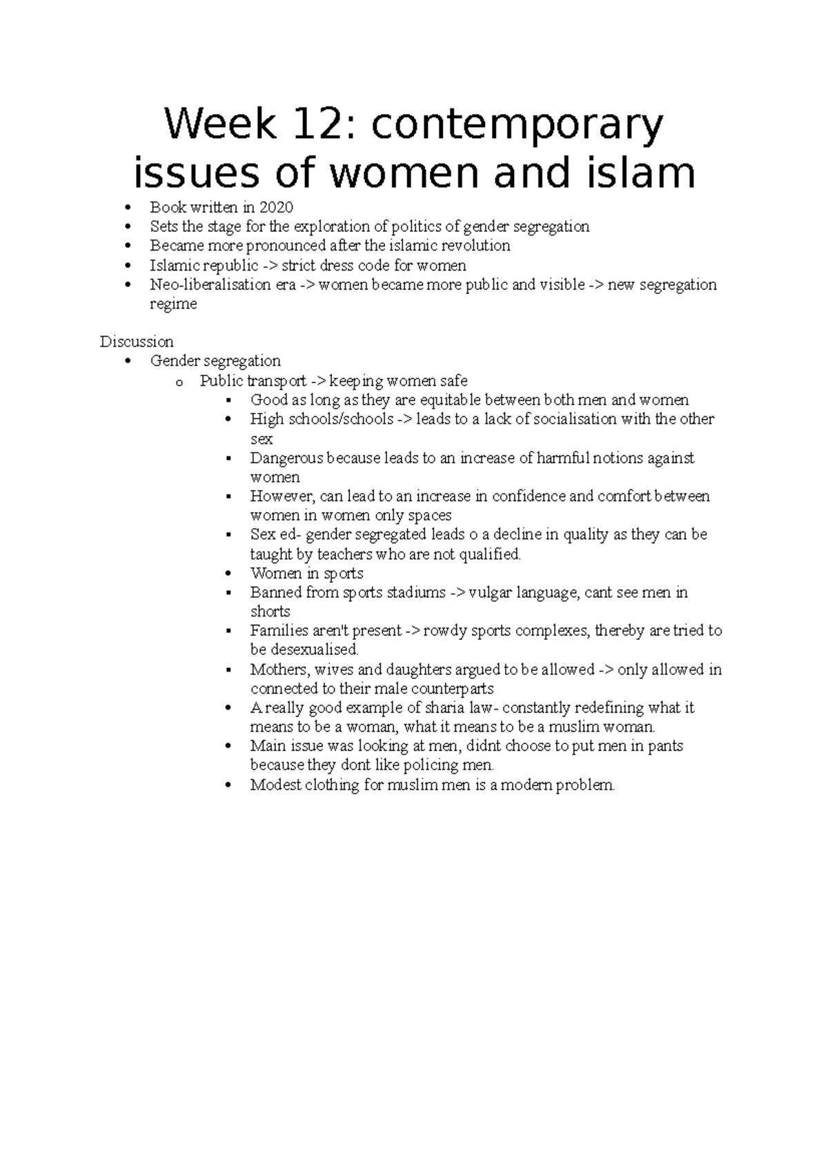 Week 12 women and islam notes - Week 12: contemporary issues of women ...