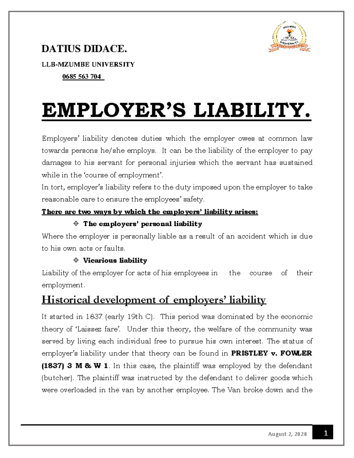 Employer S Liability THE Situations WHIC - LLB-MZUMBE UNIVERSITY 0685 ...