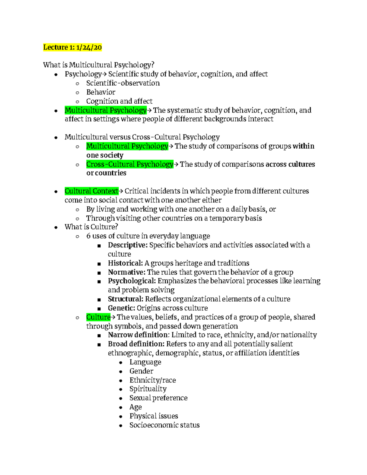 (Ch. 1-5) Cross-Cultural Psych Notes - Lecture 1: 1/24/ What is ...