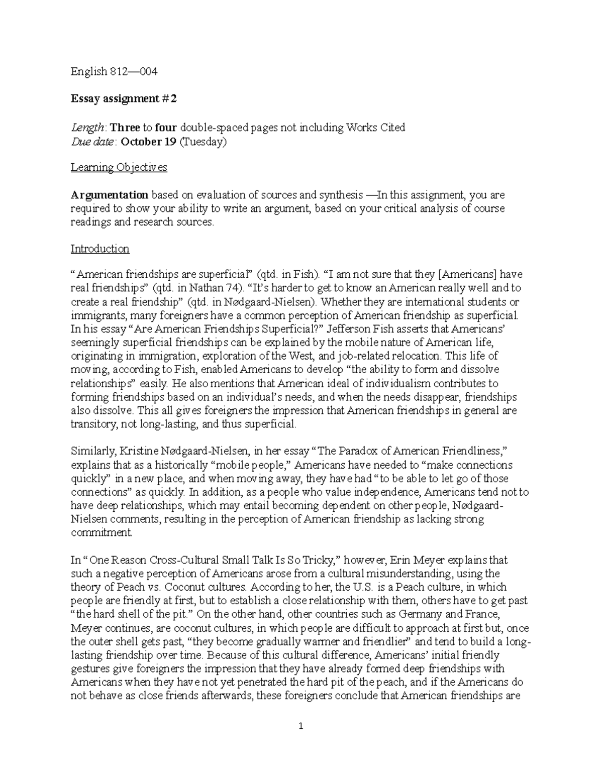 Essay Assignment 2 prompt - English 812— Essay assignment # 2 Length ...