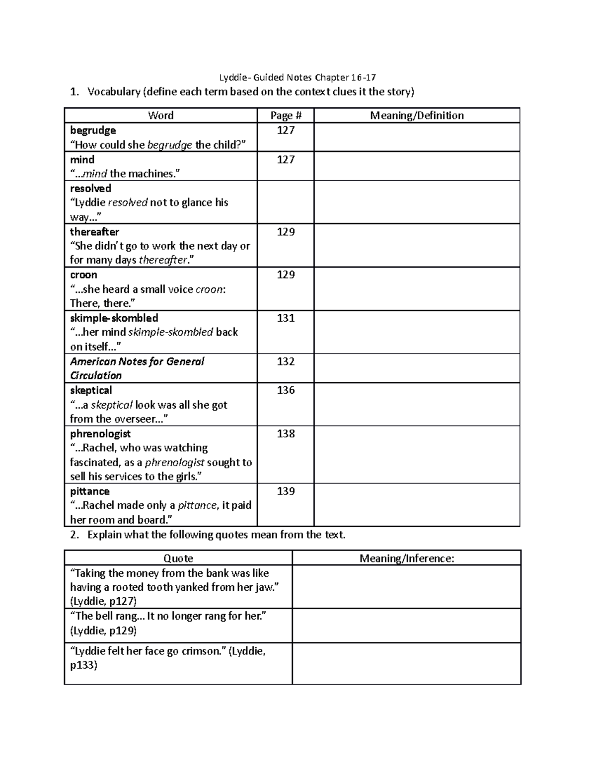 Lyddie- chapter 16-17 guided notes - Lyddie- Guided Notes Chapter 16- 1 ...