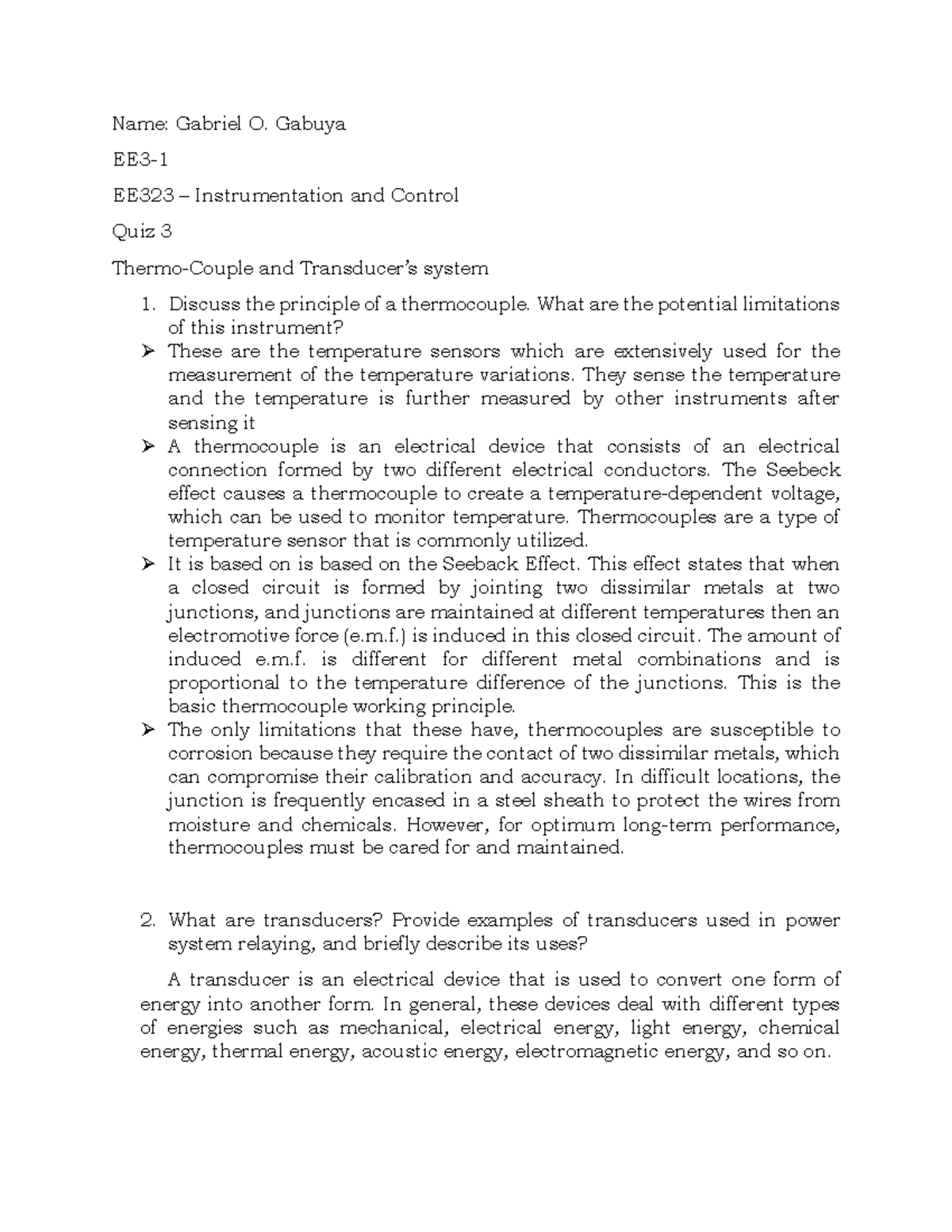 Gabuya EE323 Quiz3 - ee notes - Name: Gabriel O. Gabuya EE3- EE323 ...
